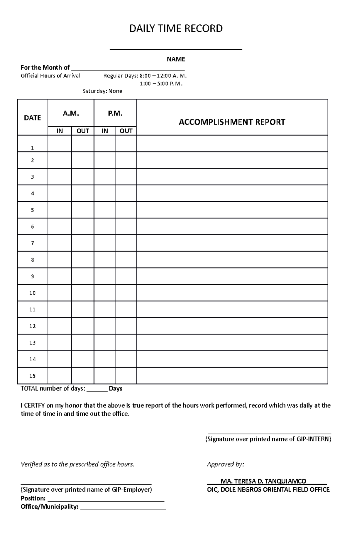 Daily TIME Record - Bachelor of Science in Business Administration ...