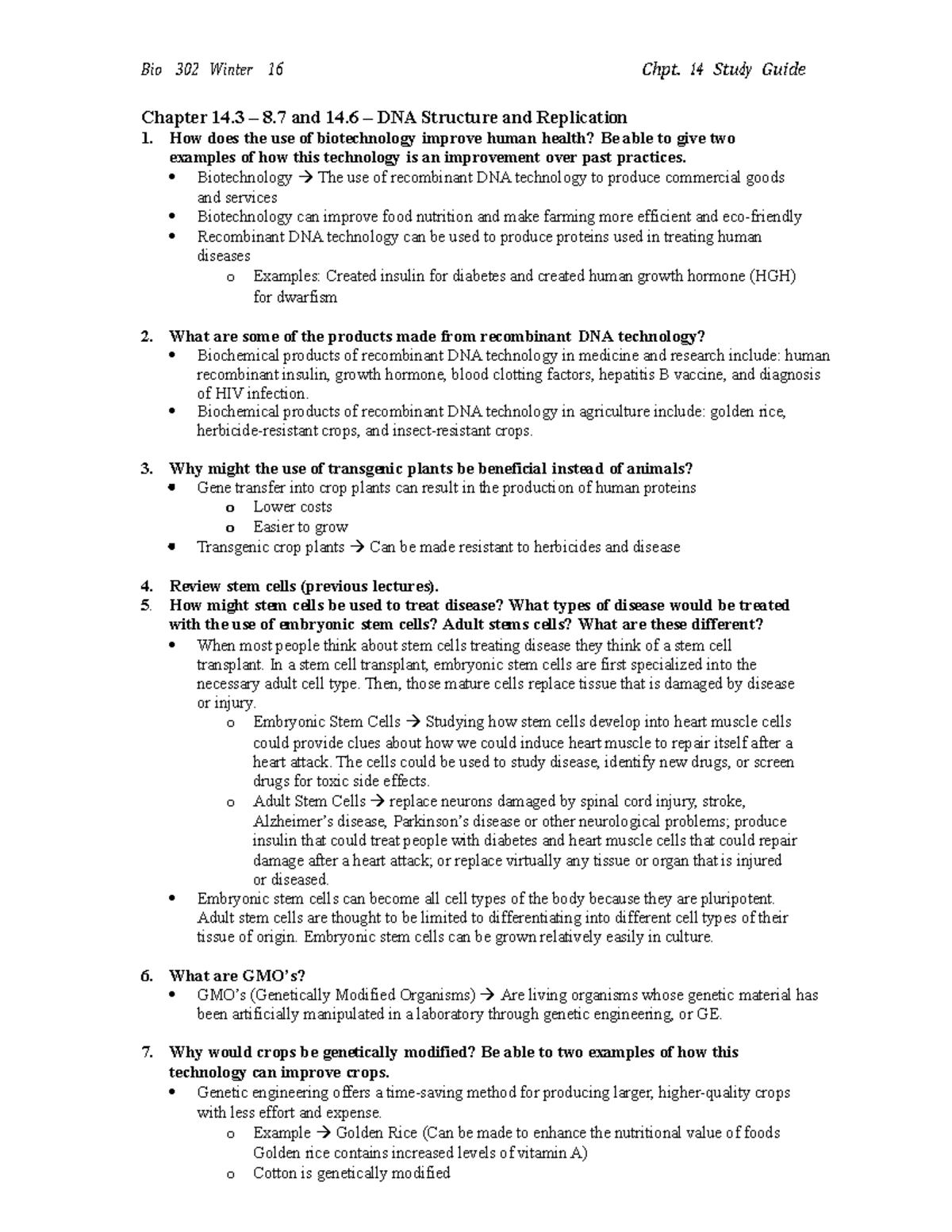 Human Genetics Study Guide #9 - Bio 302 Winter 16 Chpt. 14 Study Guide ...