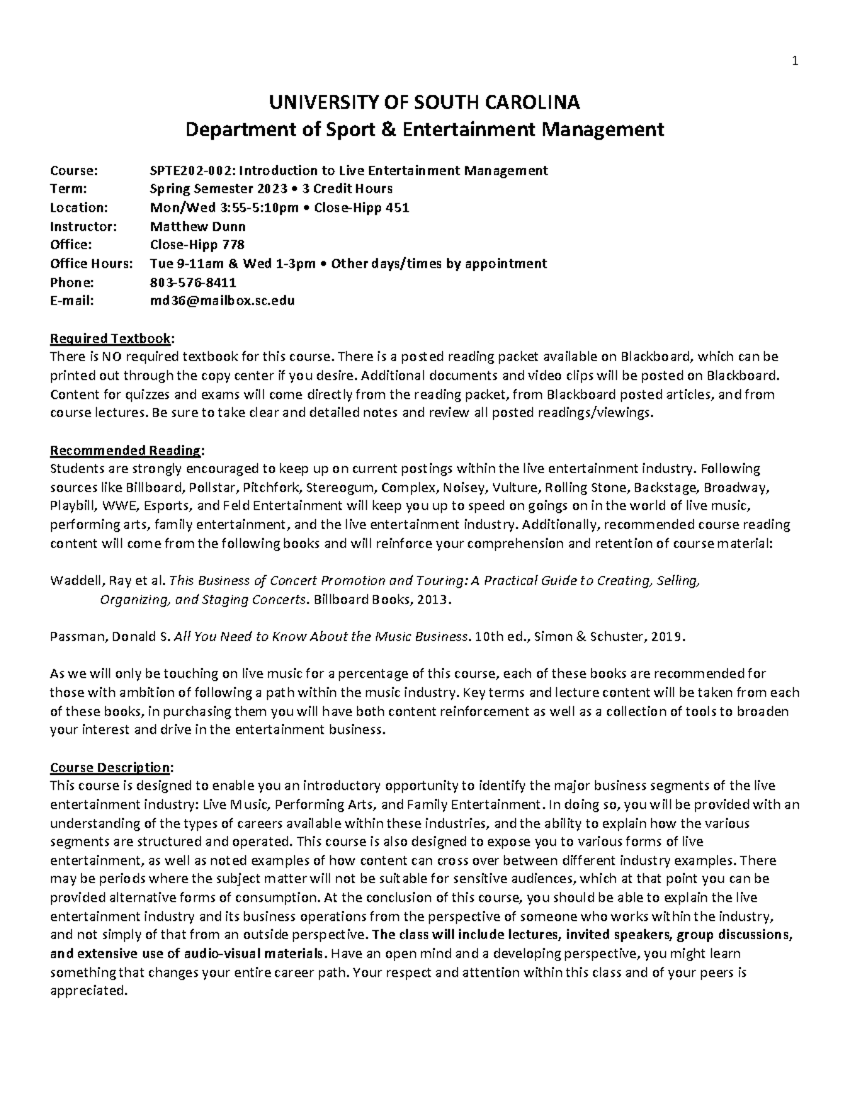Spte202 - syllabus - UNIVERSITY OF SOUTH CAROLINA Department of Sport ...