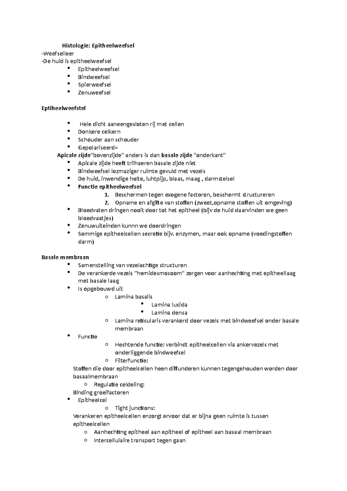 Histologie - aantekeningen - Histologie: Epitheelweefsel - Weefselleer ...