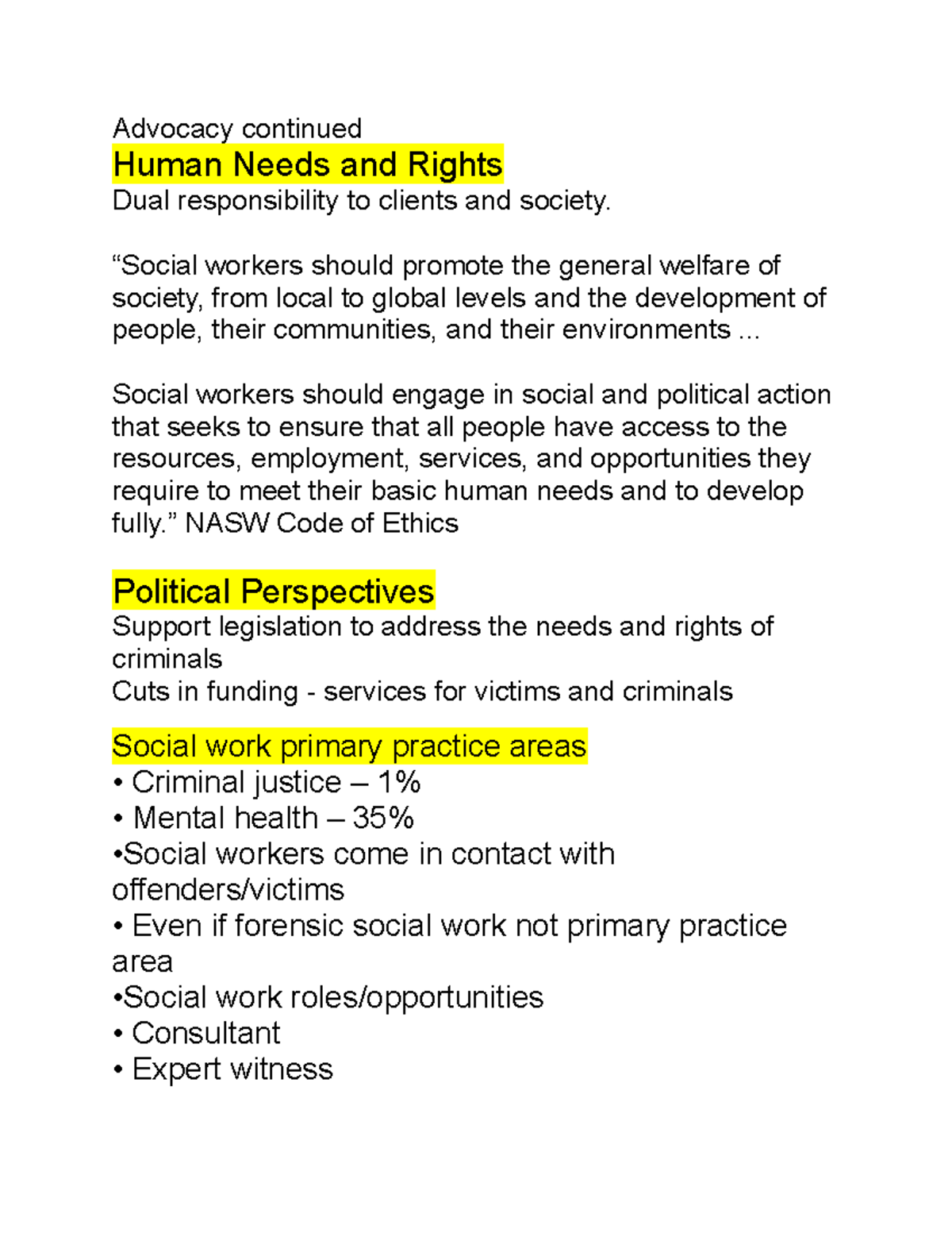 Social Work 9 - Advocacy continued Human Needs and Rights Dual ...