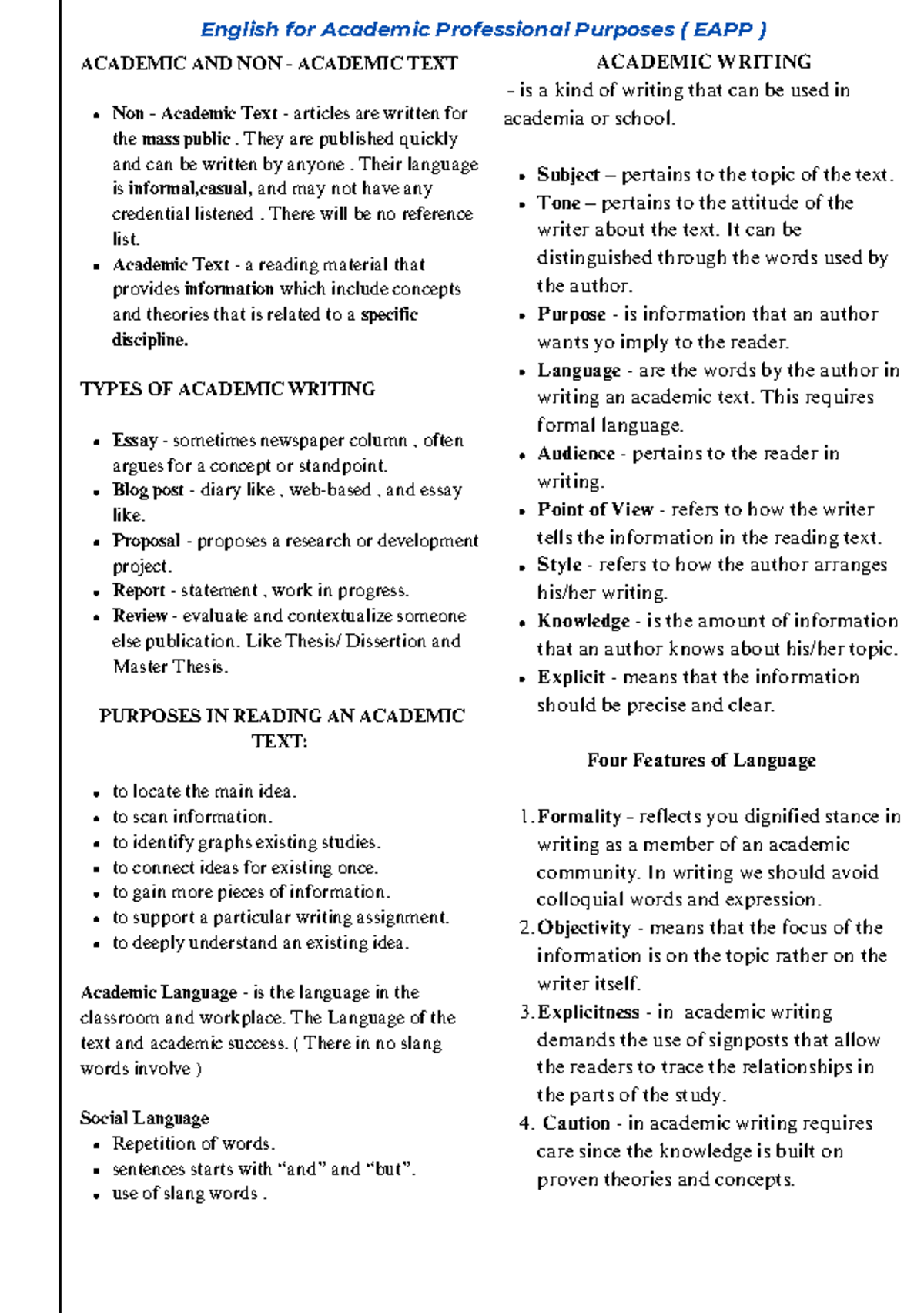 EAPP Reviewer ( 1st Quarter ) - English for Academic Professional Purposes ( EAPP ) ACADEMIC AND ...