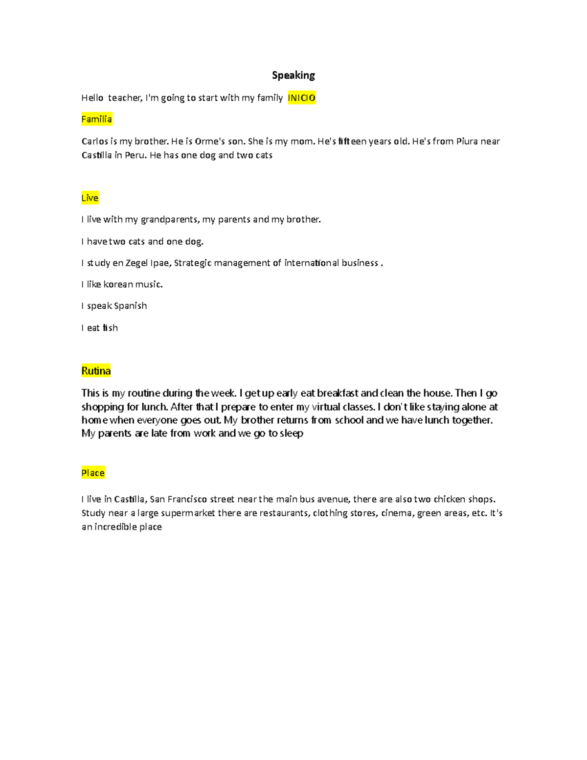 Speaking - Dialogos de ingles basicos - Speaking Hello teacher, I'm ...