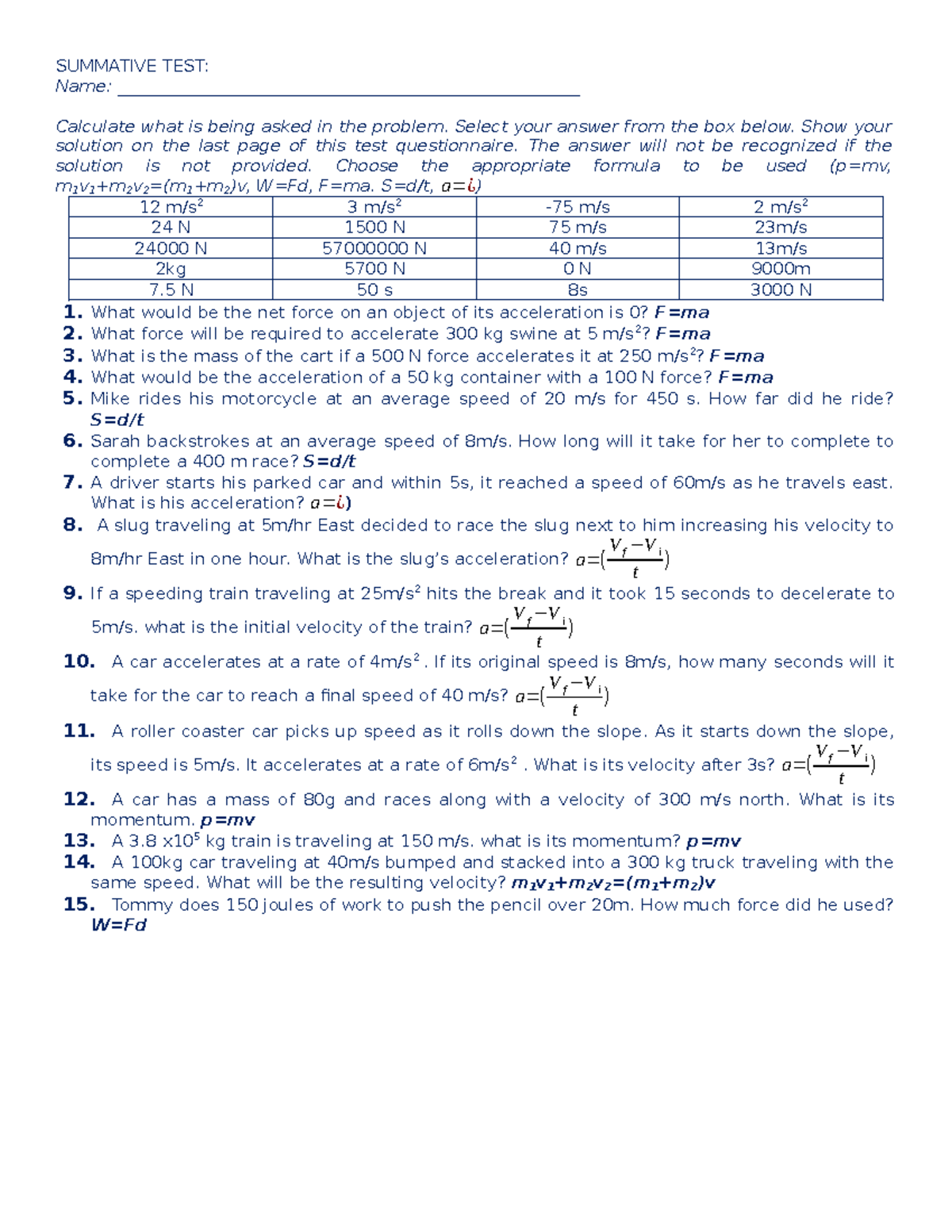 Summative TEST - SUMMATIVE TEST: Name