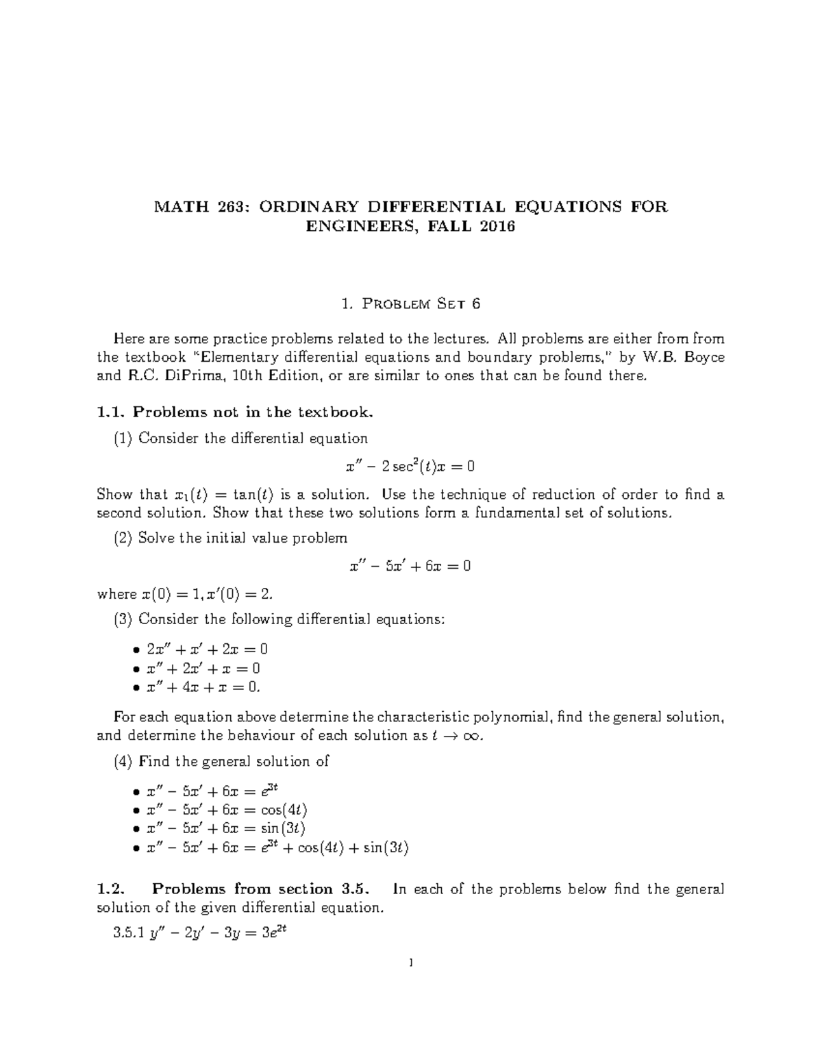 Problem set math 263 - MATH 263: ORDINARY DIFFERENTIAL EQUATIONS FOR ...