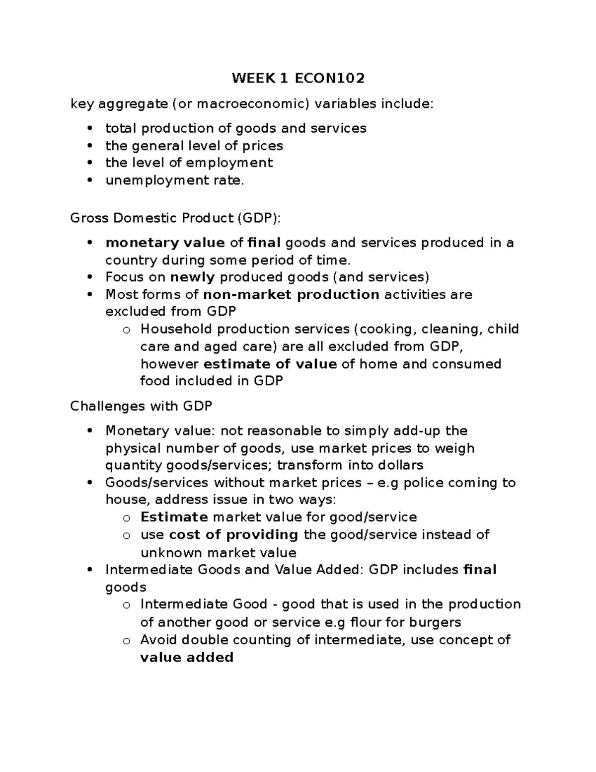WEEK 1 ECON102 - Notes - WEEK 1 ECON key aggregate (or macroeconomic ...