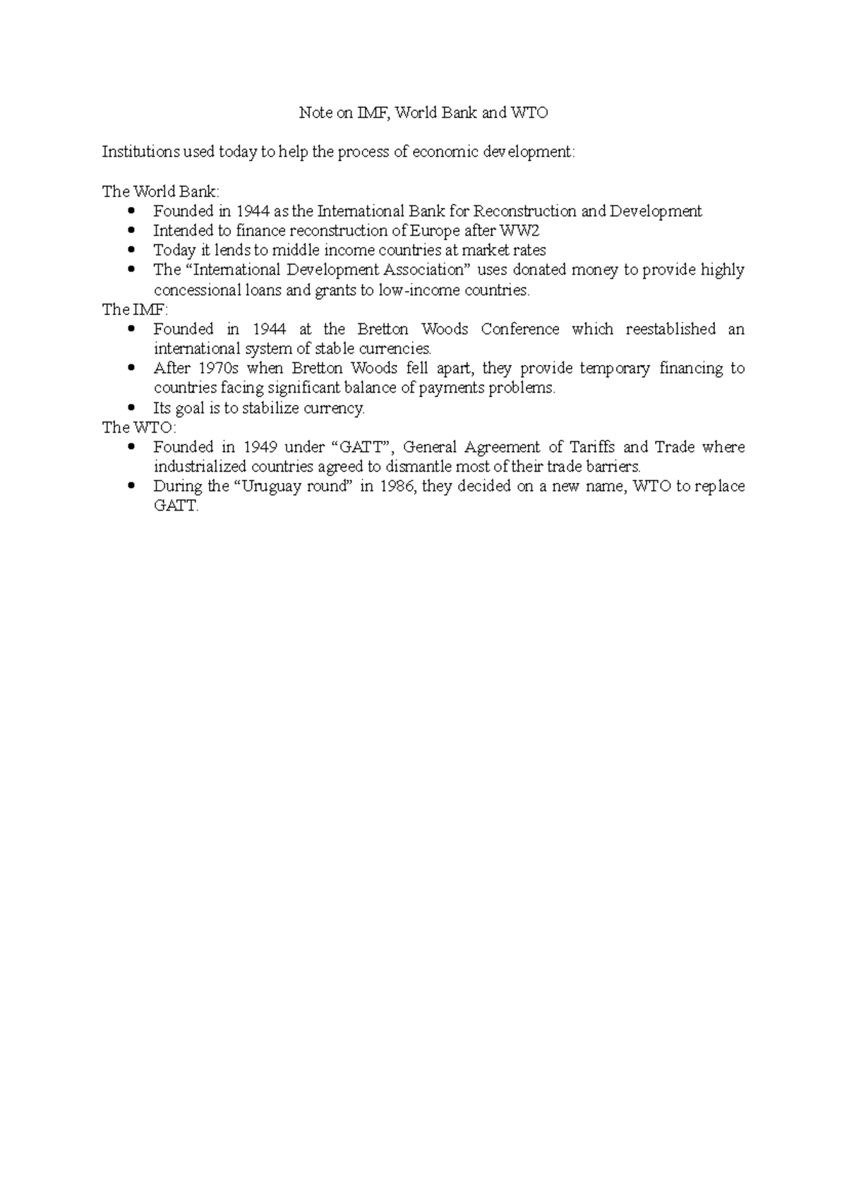 Notes on IMF, World Trade Organization, and World Bank - Note on IMF ...