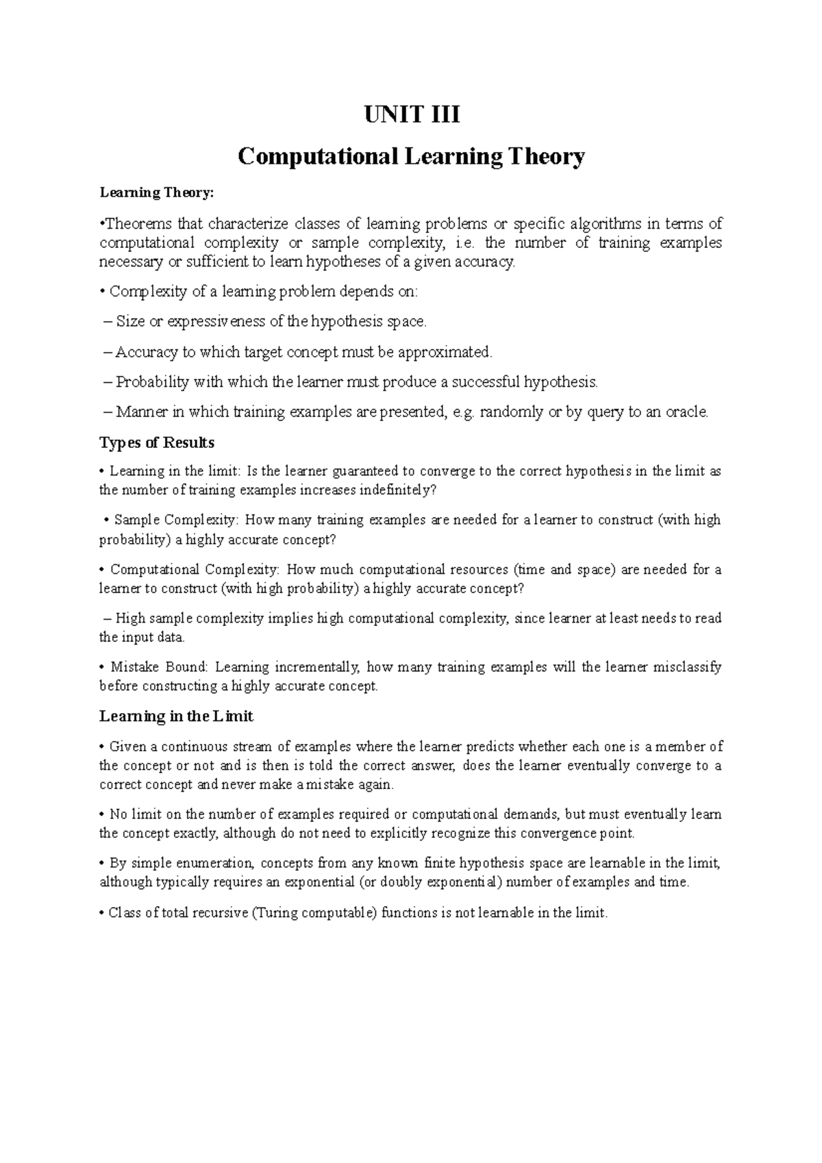 ML UNIT 3 - iivi vi i iik i - UNIT III Computational Learning Theory ...