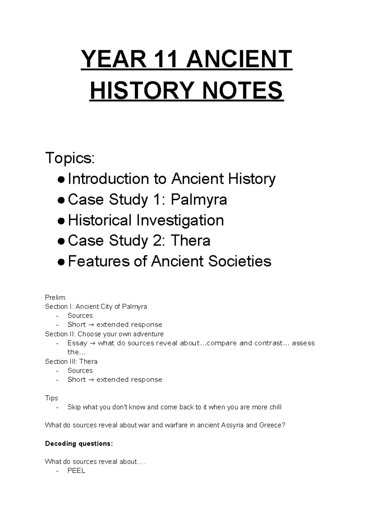 YEAR 11 Ancient History Notes - YEAR 11 ANCIENT HISTORY NOTES Topics ...