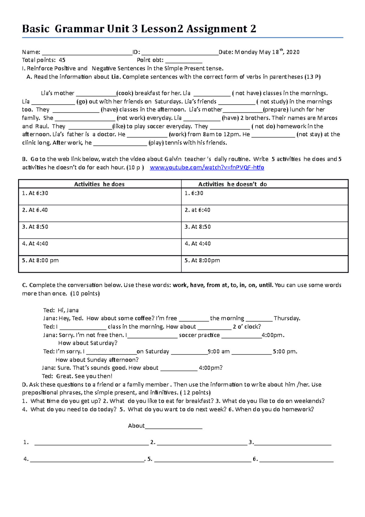 Basic Grammar Unit 3 Lesson 2 Assignment 2 - Basic Grammar Unit 3 ...