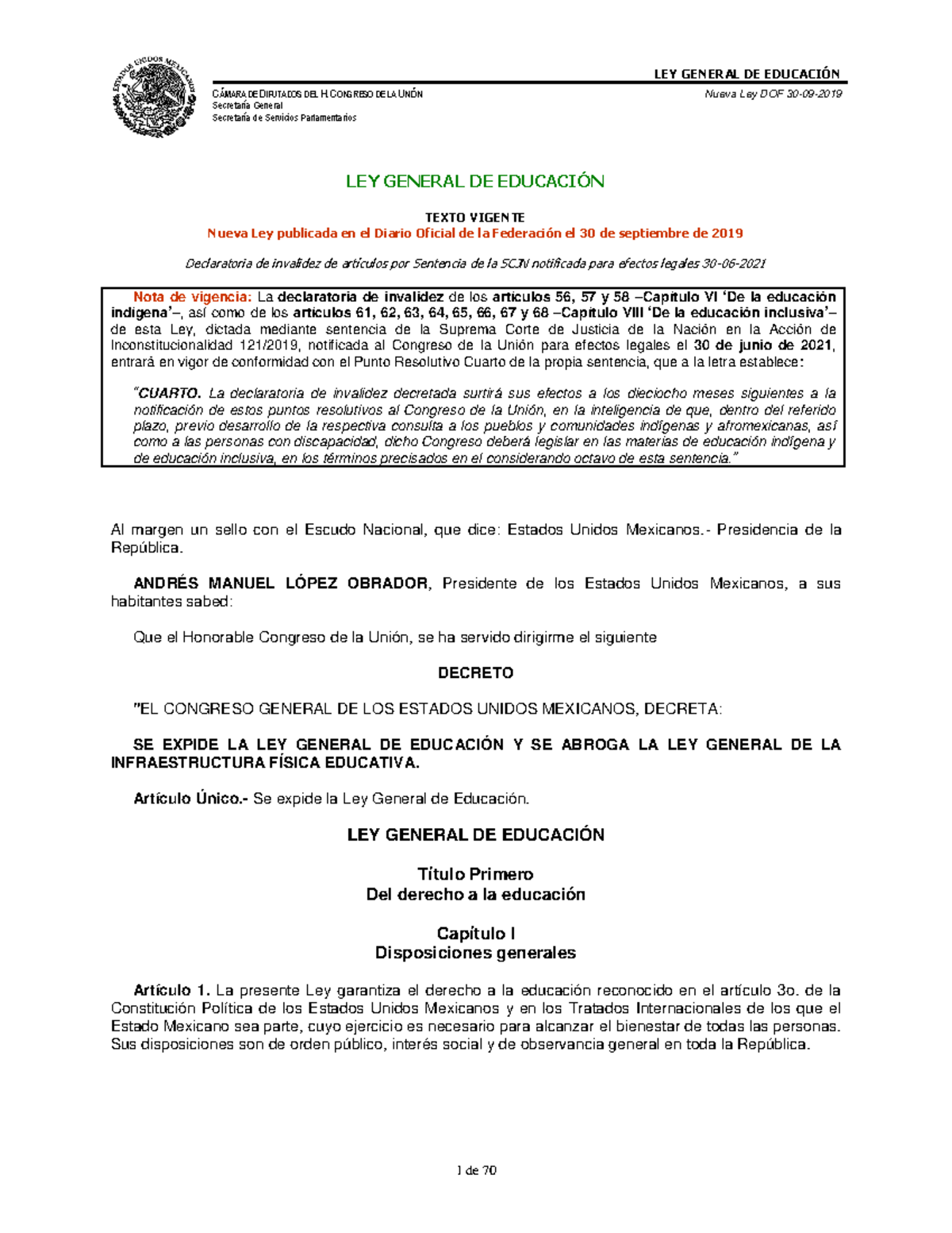 LGE - LEY GENERAL DE EDUCACION - CÁMARA DE DIPUTADOS DEL H. CONGRESO DE LA UNIÓN Secretaría ...