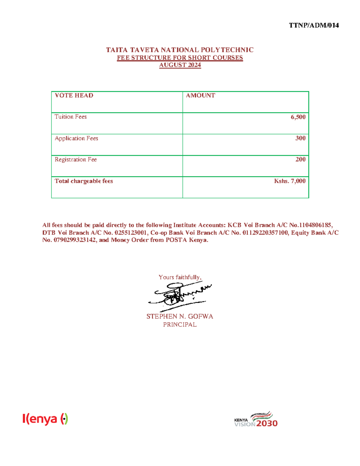 Holiday FEES Short Courses - TTNP/ADM/ TAITA TAVETA NATIONAL ...