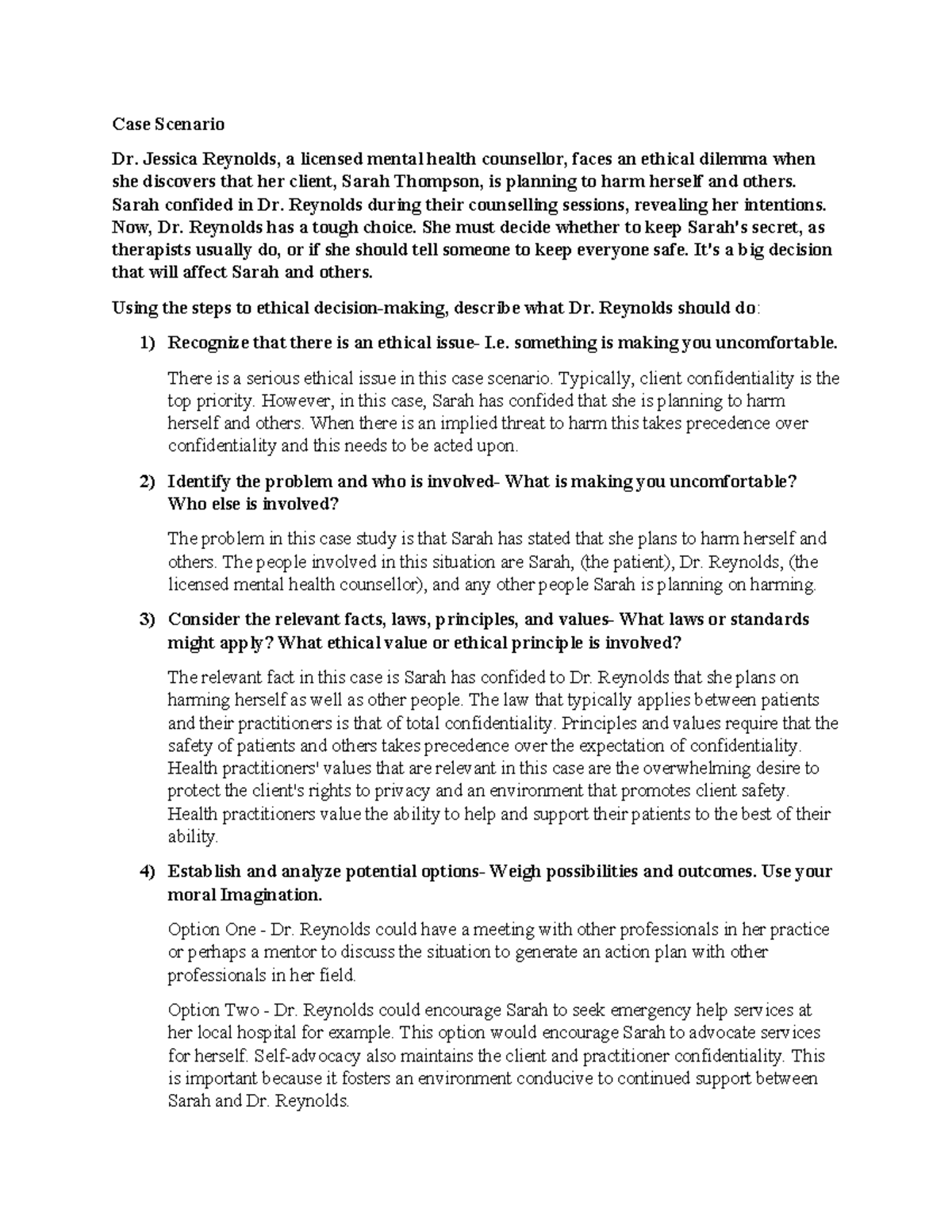 Ethics Tutorial #2- Case Study - Case Scenario Dr. Jessica Reynolds, a ...