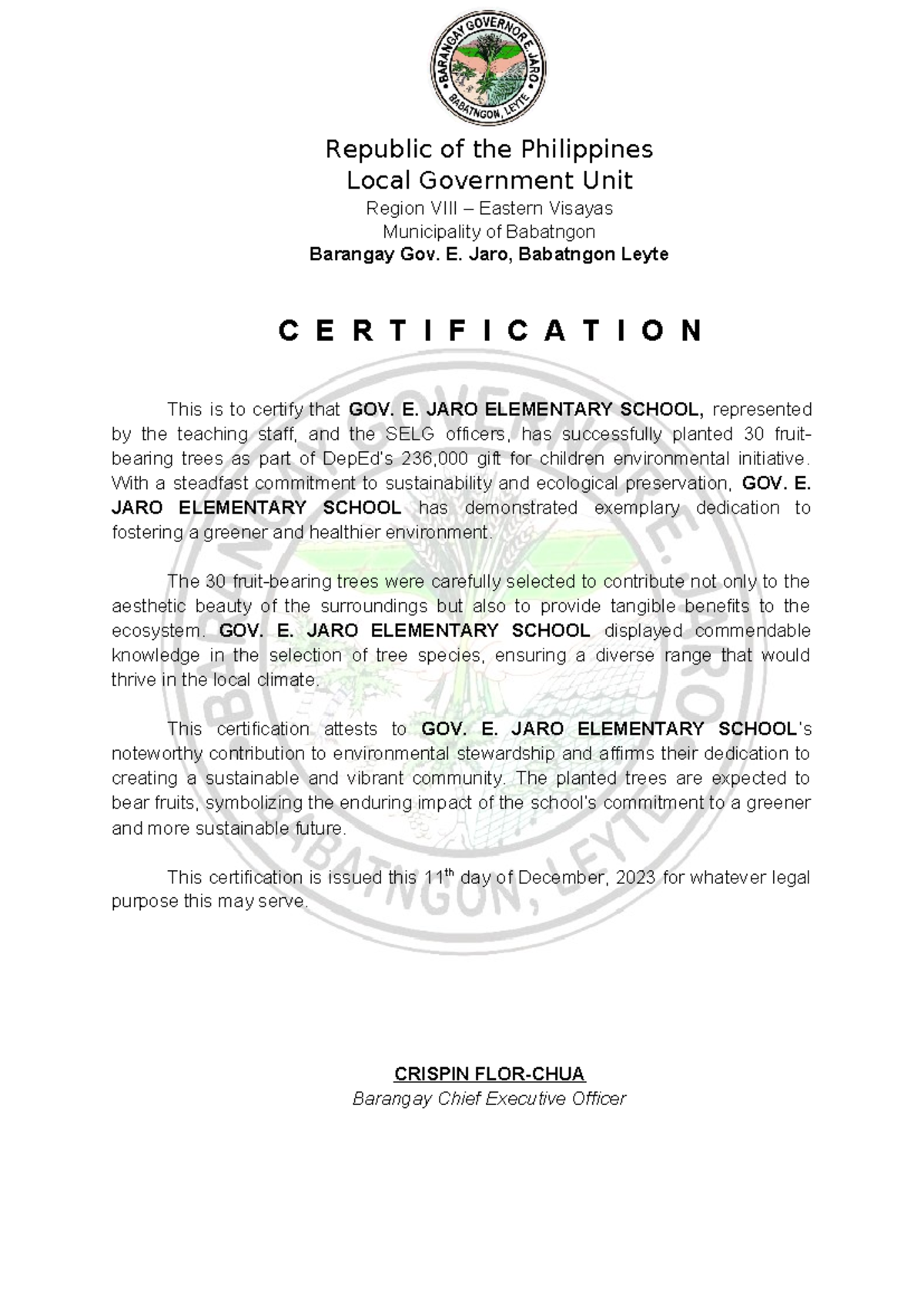 Certification TREE Planting - Republic of the Philippines Local ...