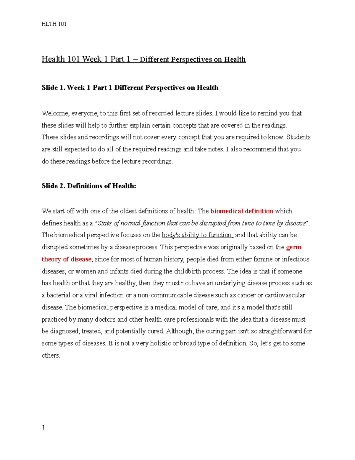 HLTH 101 week 1 part 1 lecture transcript - HLTH 101 - UWaterloo - Studocu