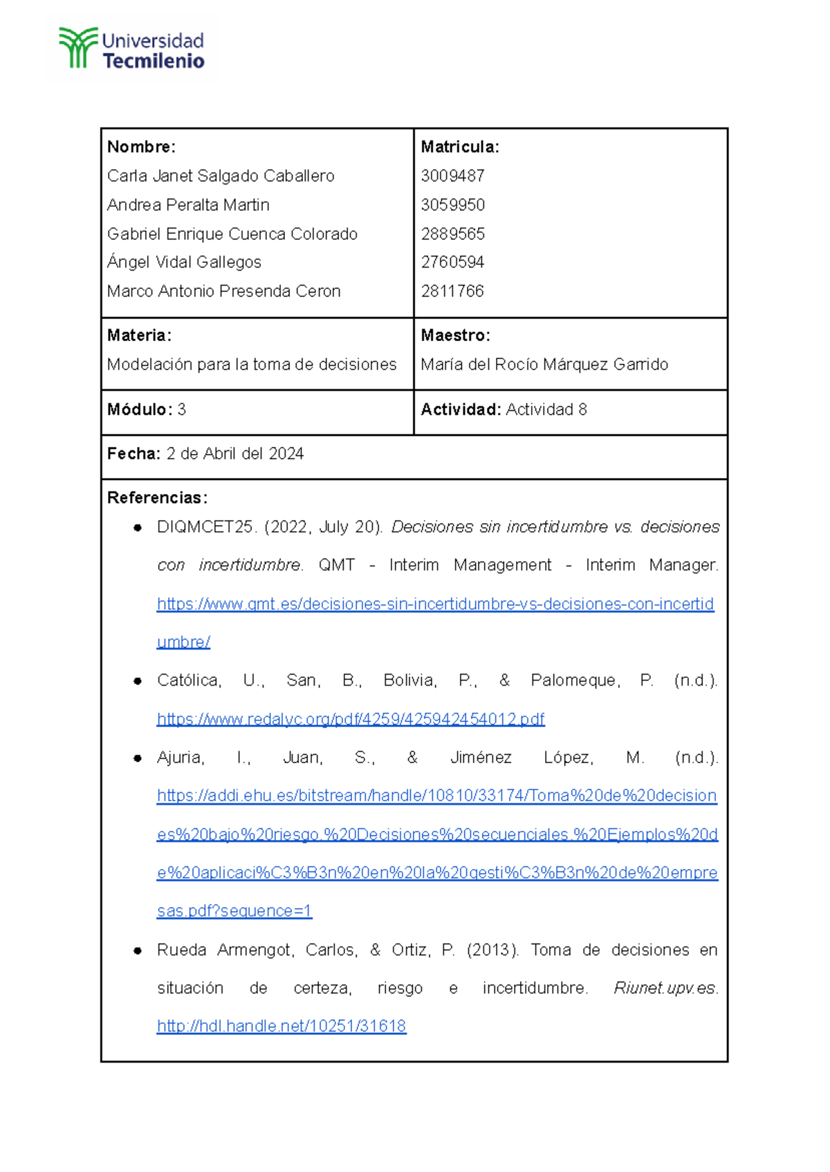Actividad 8, Modelación para la toma de decisiones - Nombre: Carla ...