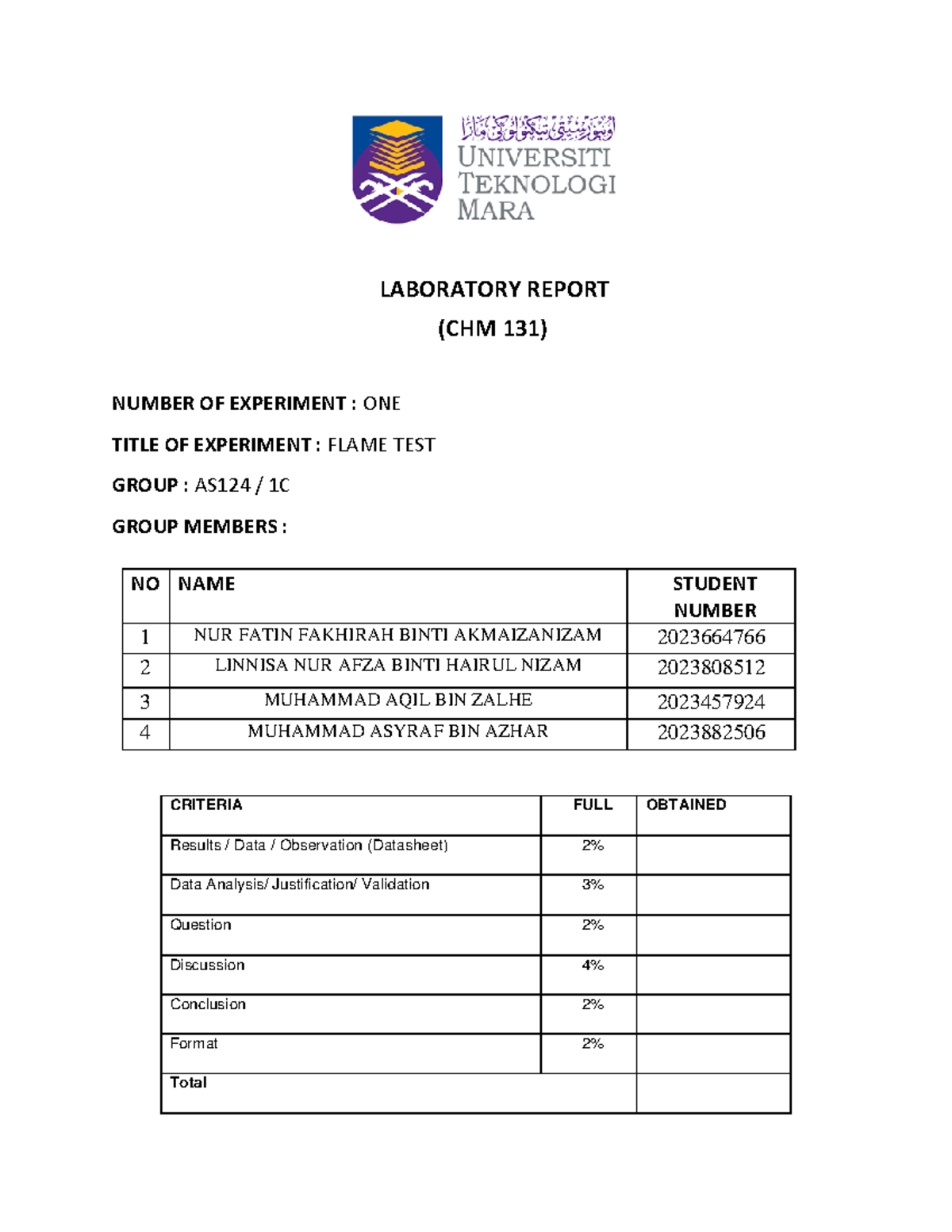 Lab report chm test - LABORATORY REPORT (CHM 131) NUMBER OF EXPERIMENT ...