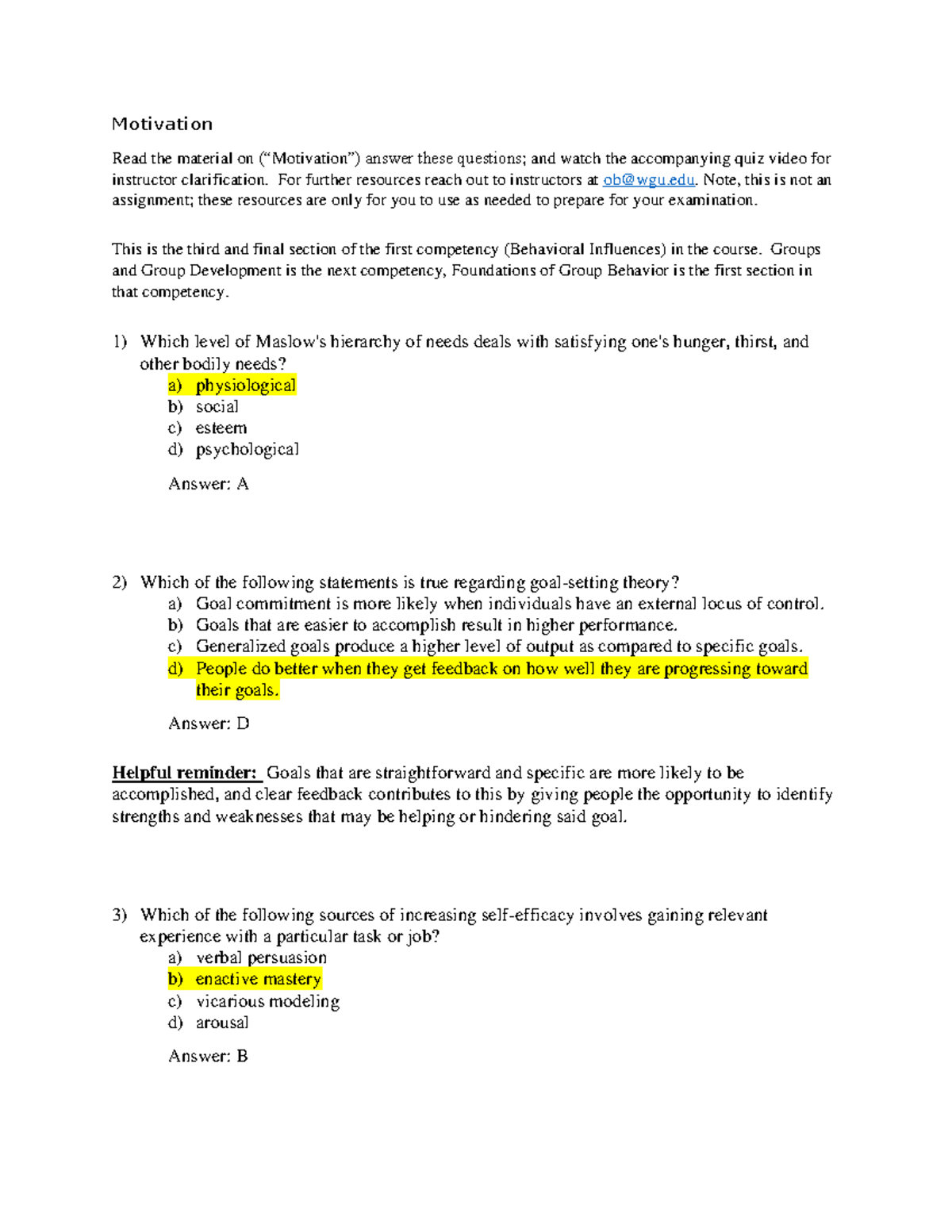 Motivation concepts multiple choice questions - Motivation Read the ...
