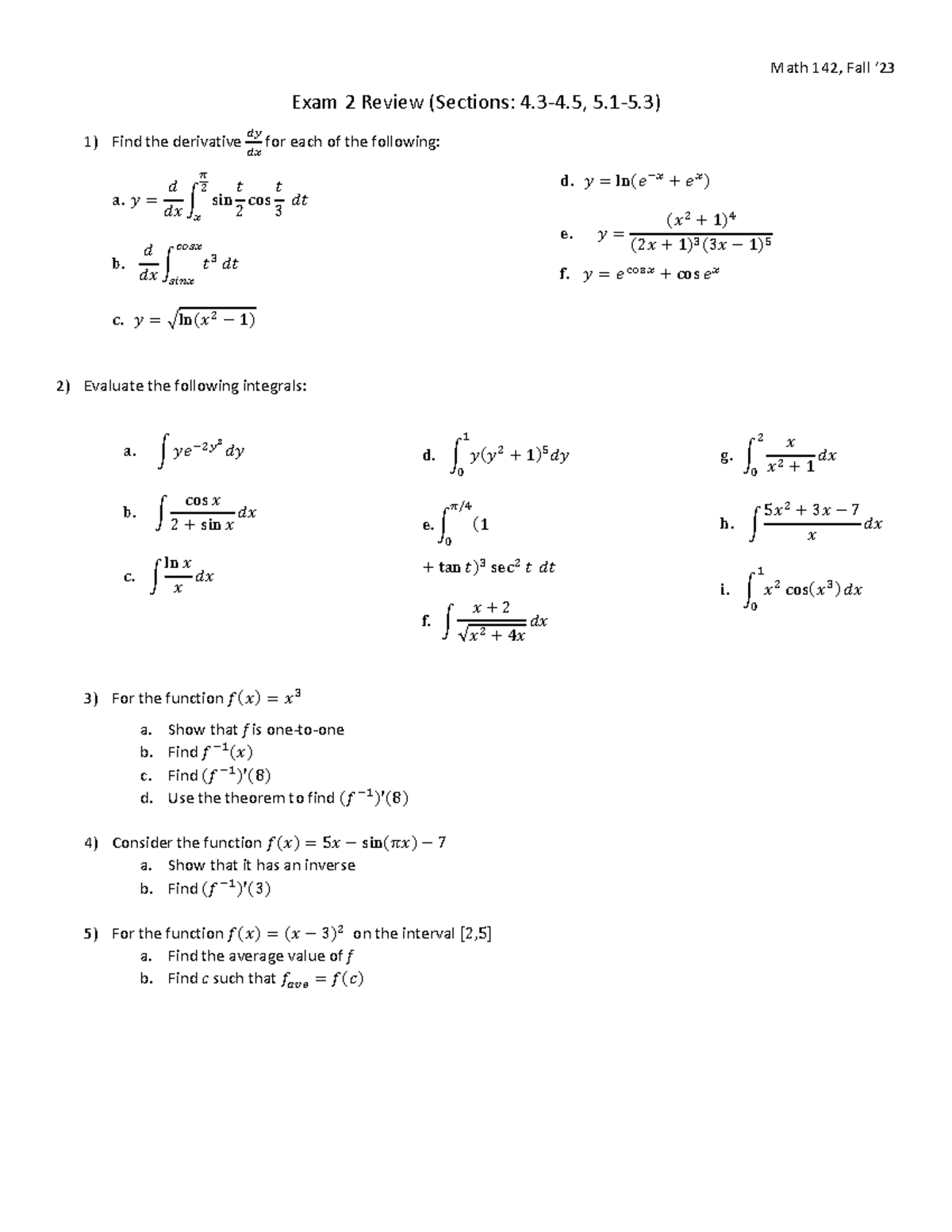Exam 2 Review - 142 - Math 1 42 , Fall ‘ Exam 2 Review (Sections: 4.3-4 ...