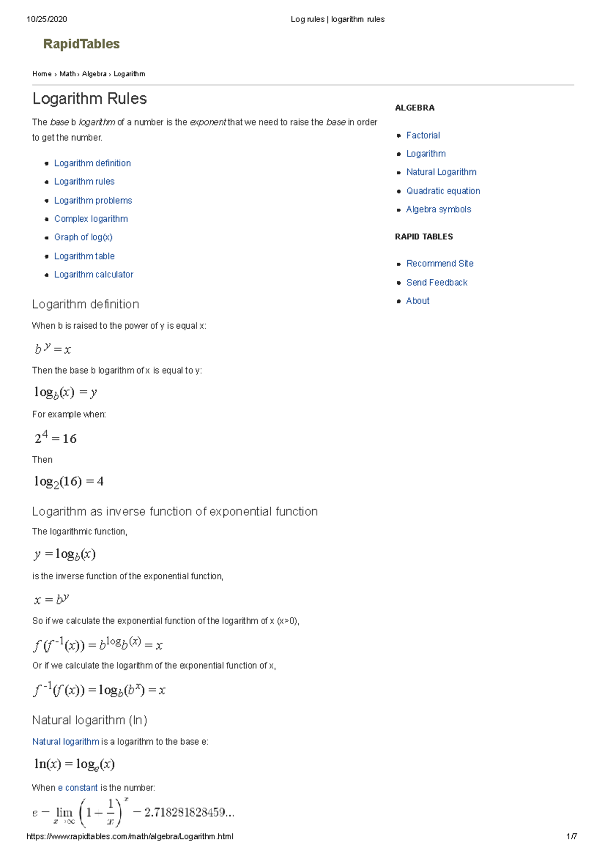 Log Rules Logarithm Rules RapidTables Home Math Algebra