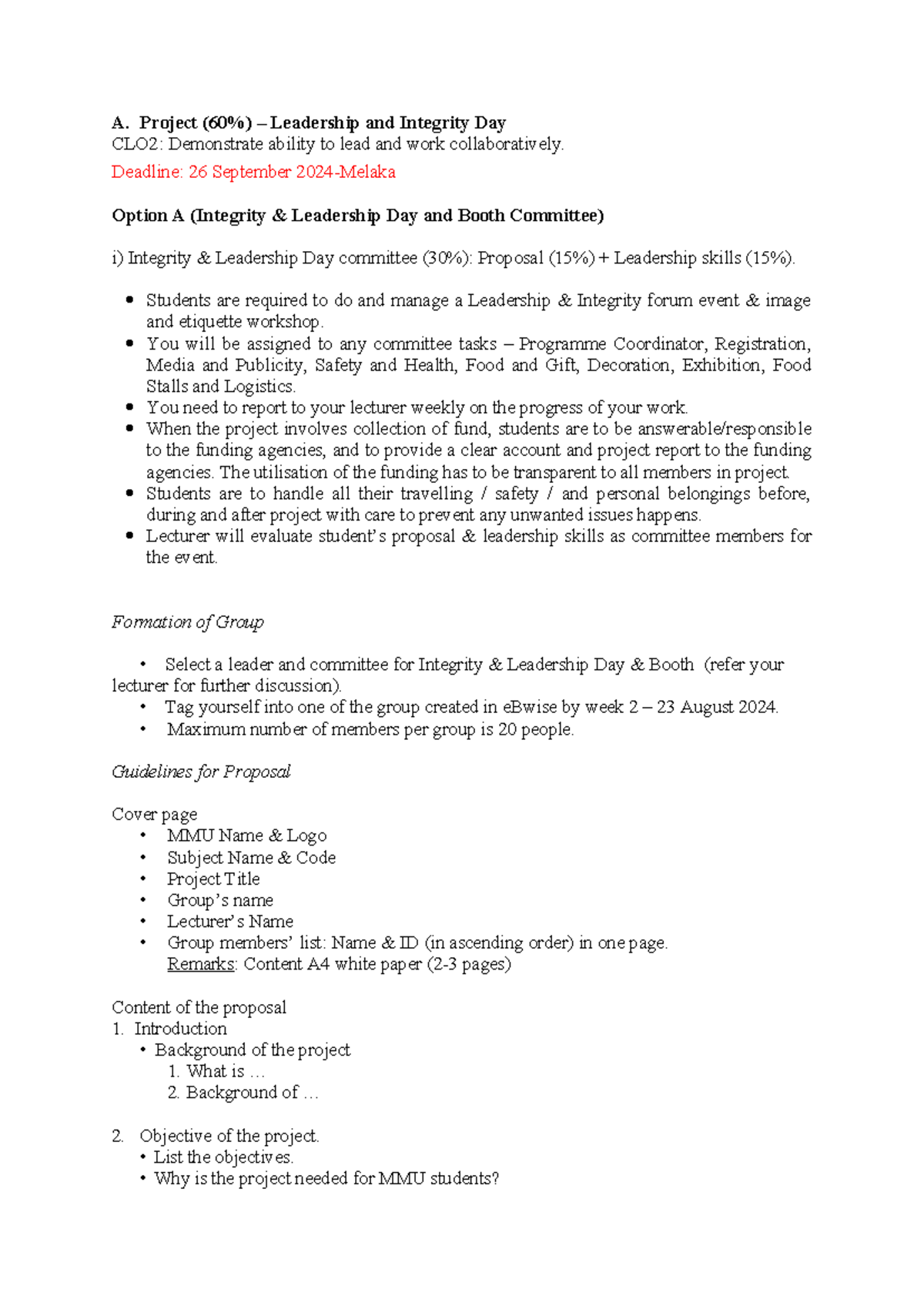 Integrity Day Committee assignment instructions and rubric - A. Project ...