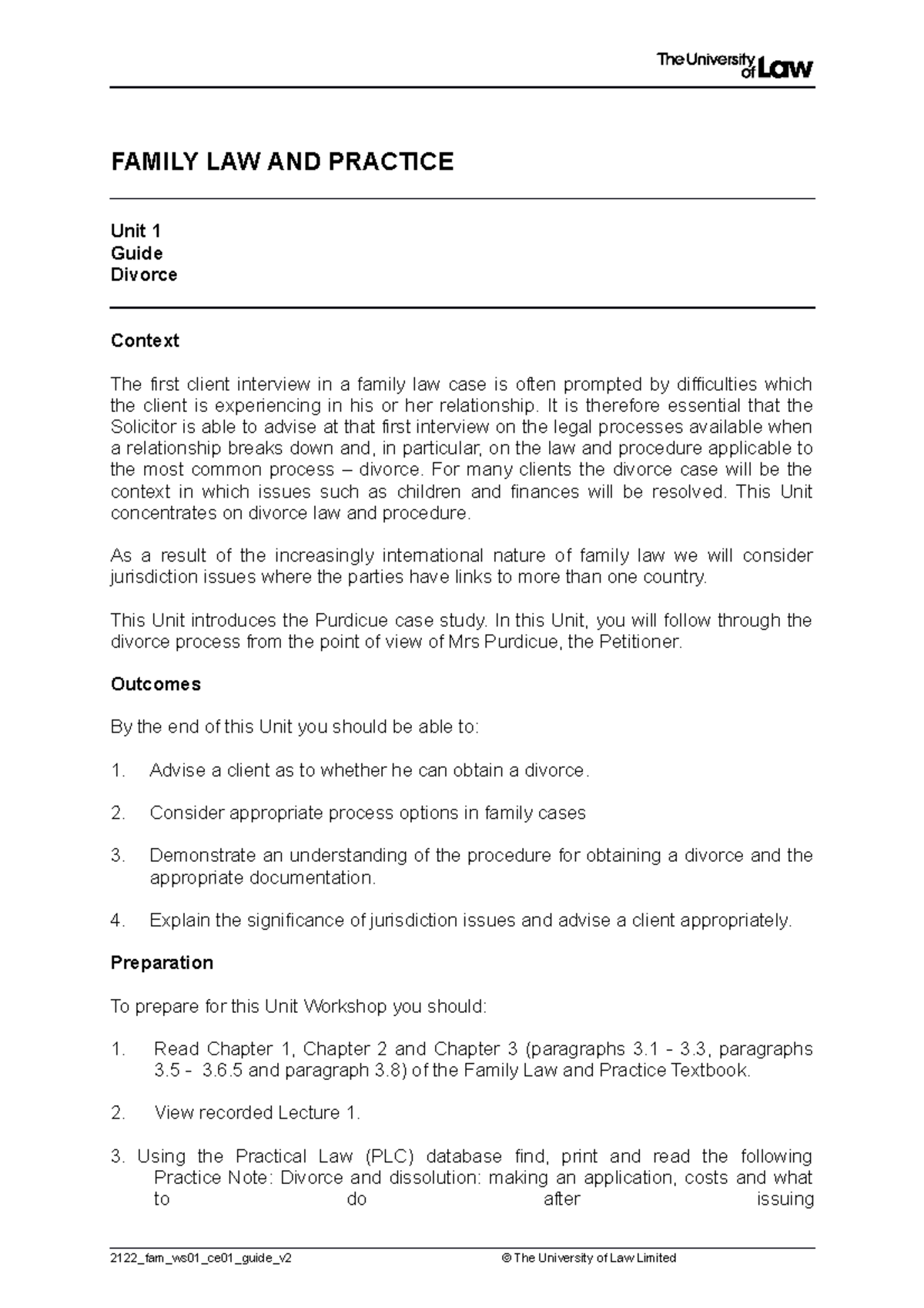 WS1 - Workshop 1 - Divorce - FAMILY LAW AND PRACTICE Unit 1 Guide ...