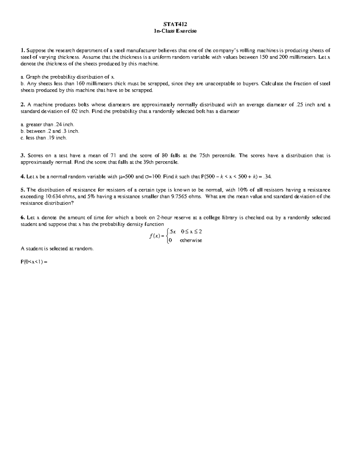Handout 4a In-Class Exercise Uniform and Normal Distribution - STAT4 12 ...