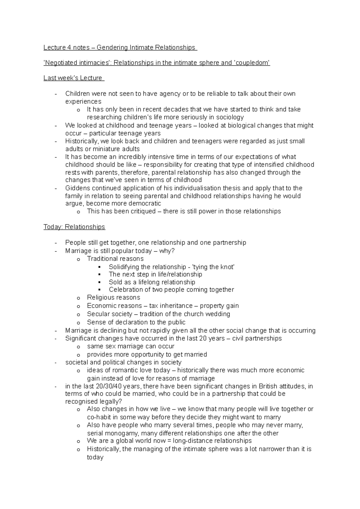 Lecture 4 notes - ‘Negotiated intimacies’: Relationships in the ...