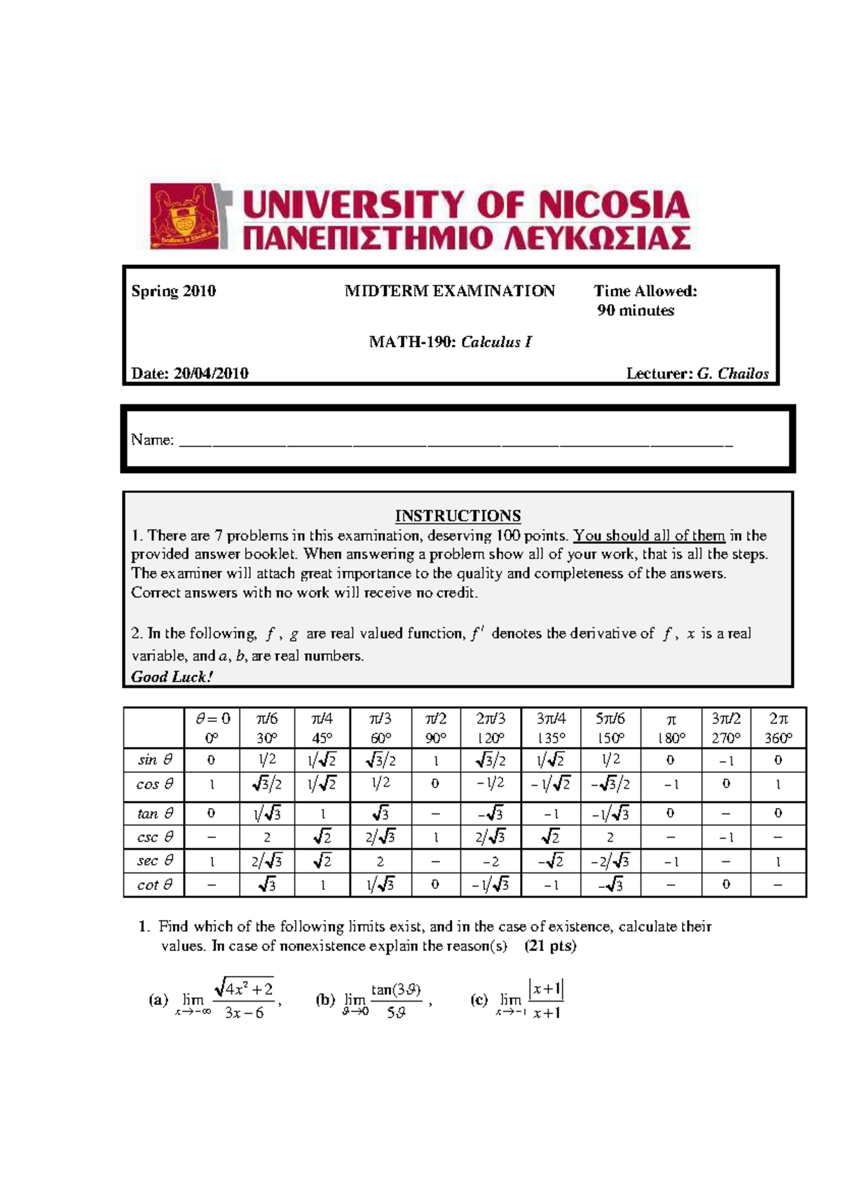 Calculus I MATH 190 - Spring 2010 MIDTERM EXAMINATION Time Allowed: 90 ...