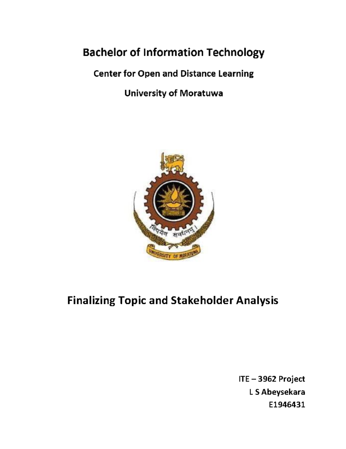 Finalizing Topic and Stakeholder Analysis - The finalized topic of your ...