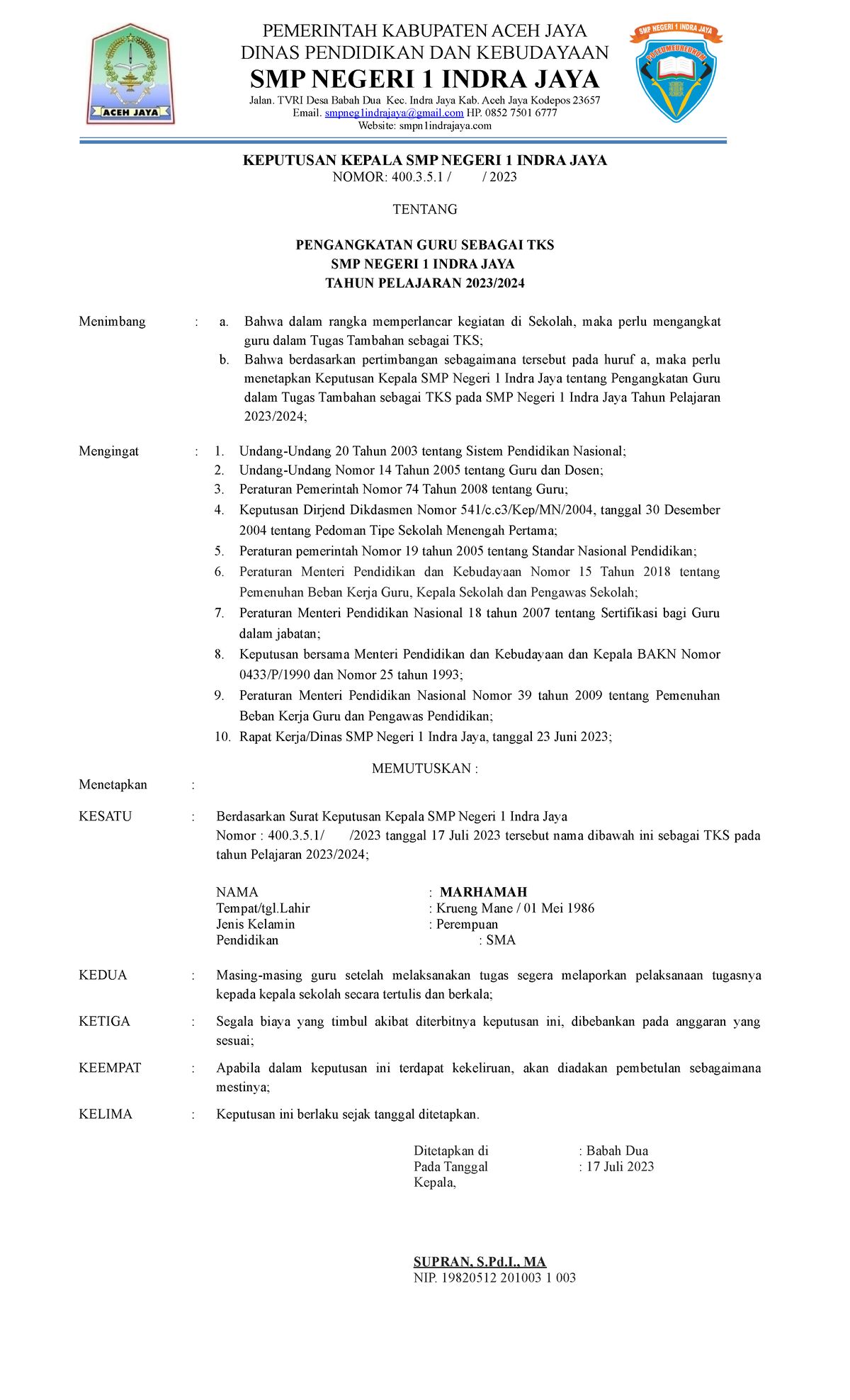 SK TKS - surat keterangan jam tambahan untuk tenaga kebersihan sekolah - PEMERINTAH KABUPATEN ...