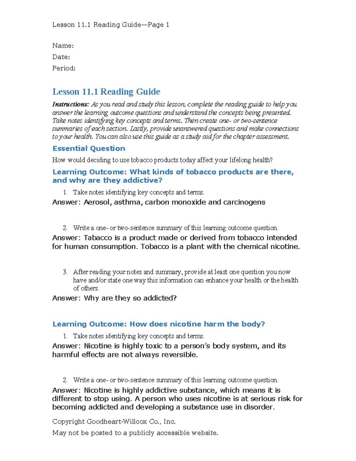 11.1 Reading Guide - health - Name: Date: Period: Lesson 11 Reading ...
