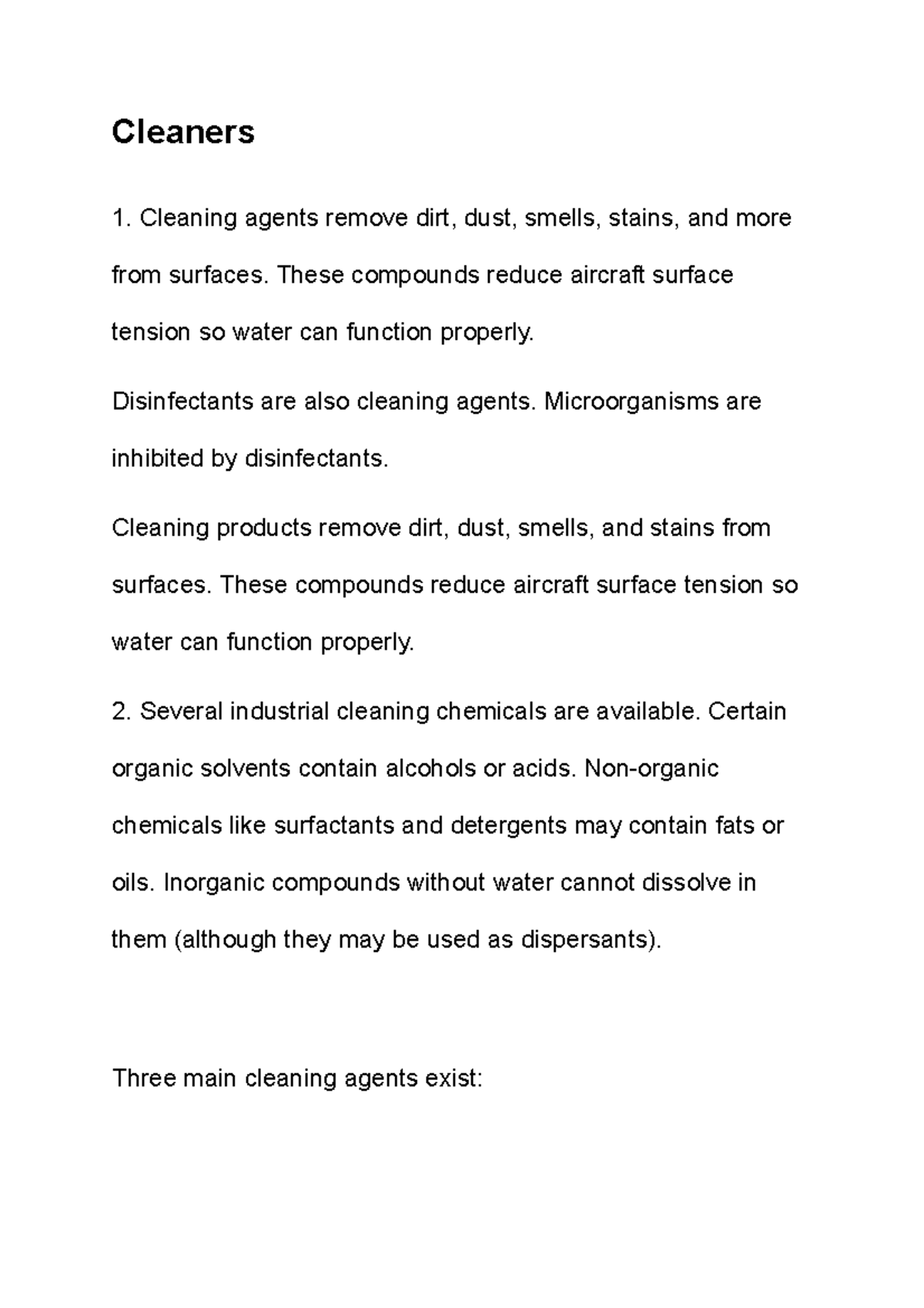 Cleaners - Notes - Cleaners Cleaning agents remove dirt, dust, smells ...