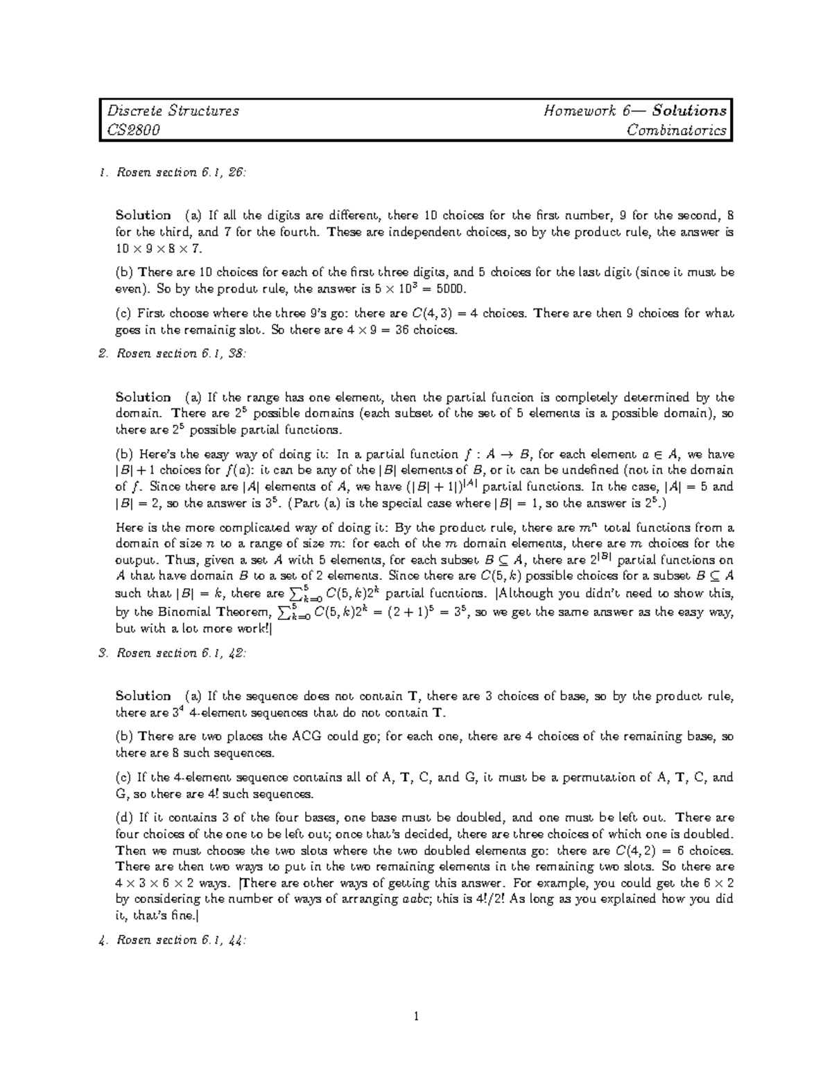 2800sol6 - hw6sol - Discrete Structures Homework 6—Solutions CS2800 Combinatorics Rosen section ...
