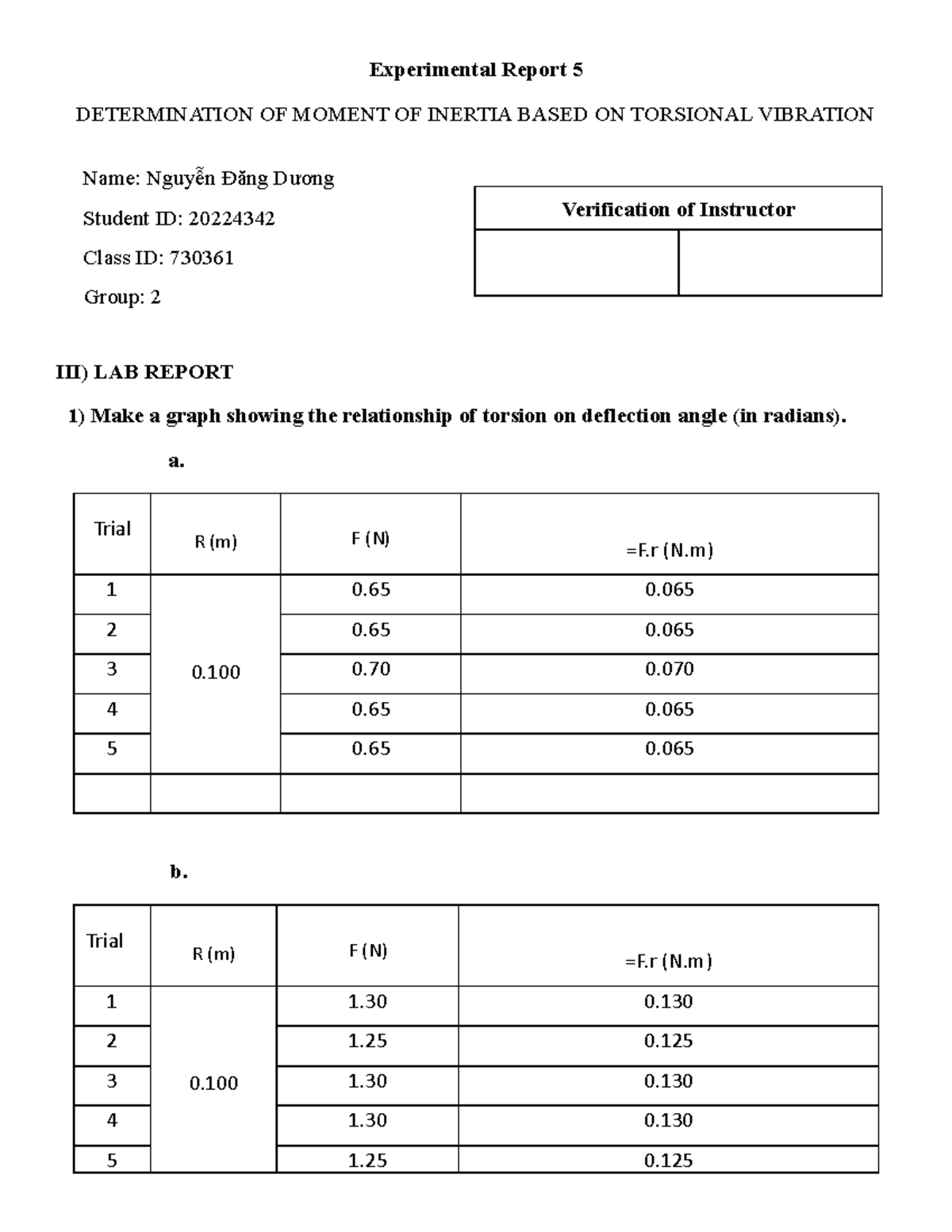 LAB Report 5 - NDD (18-06-2023) - Experimental Report 5 DETERMINATION OF MOMENT OF INERTIA BASED ...