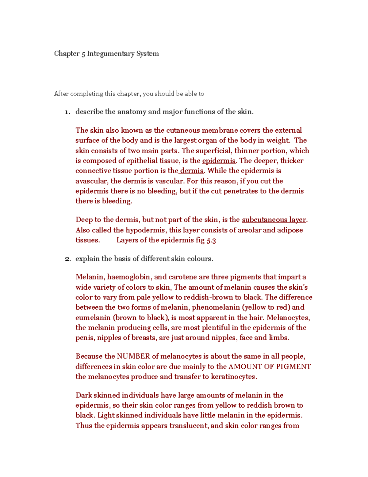 BIOL 235 Ch 5. Study Guide Checklist - Chapter 5 Integumentary System ...