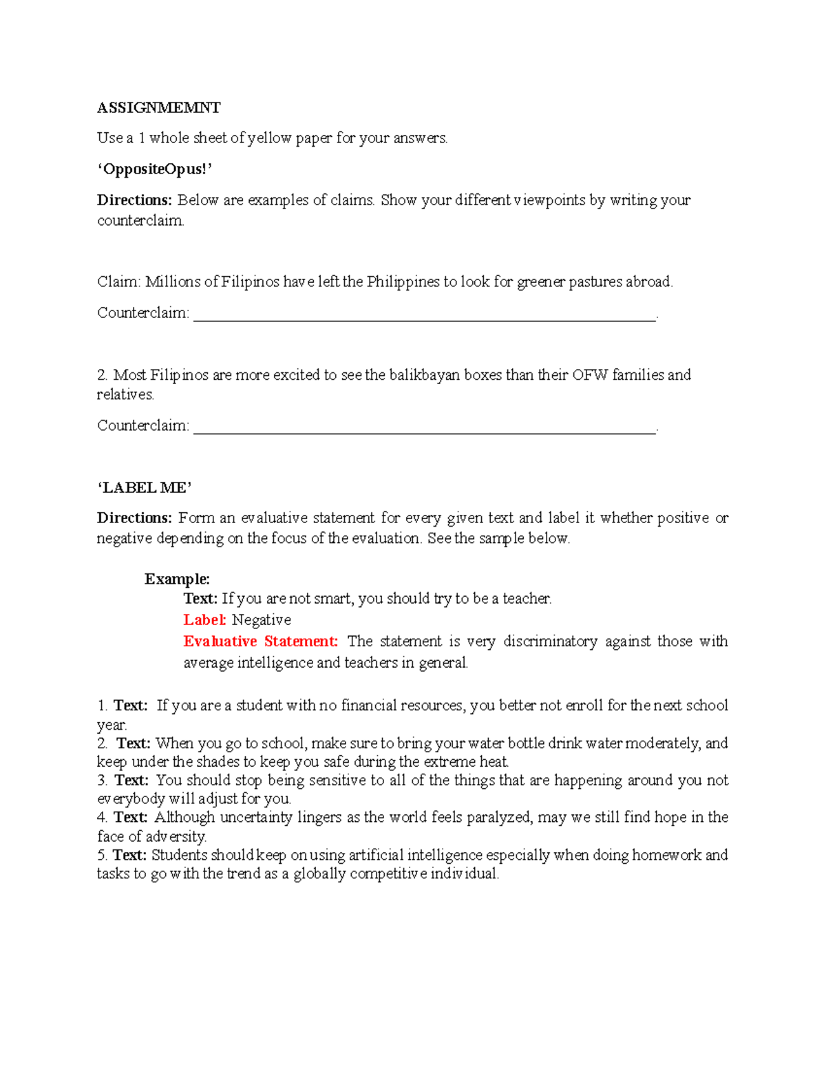 Assignmemnt- Critical- Reading - ASSIGNMEMNT Use a 1 whole sheet of ...