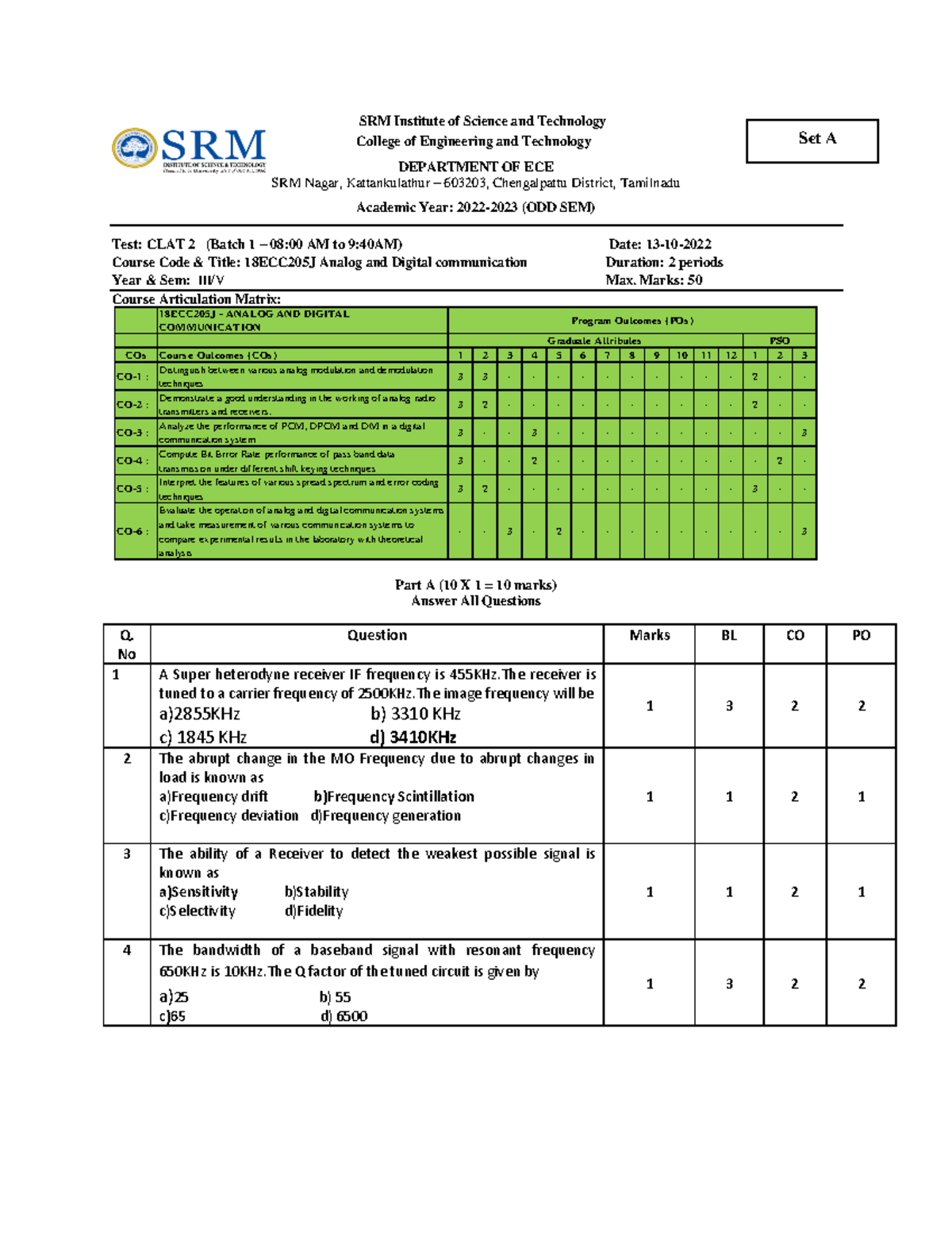 Ct2 Answer Key Set A 13 Adc Files Are Attached Srm Institute Of Science And Technology