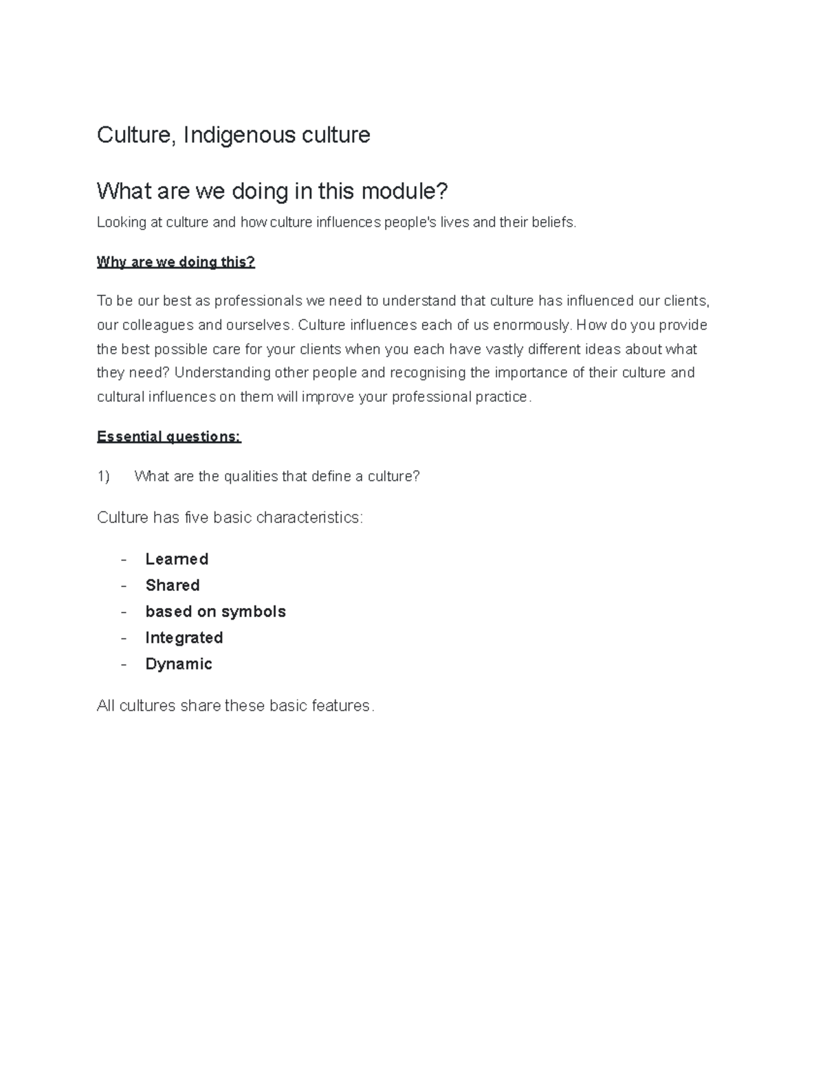 Notes for 1 Week (Culture, Indigenous culture) - Culture, Indigenous ...