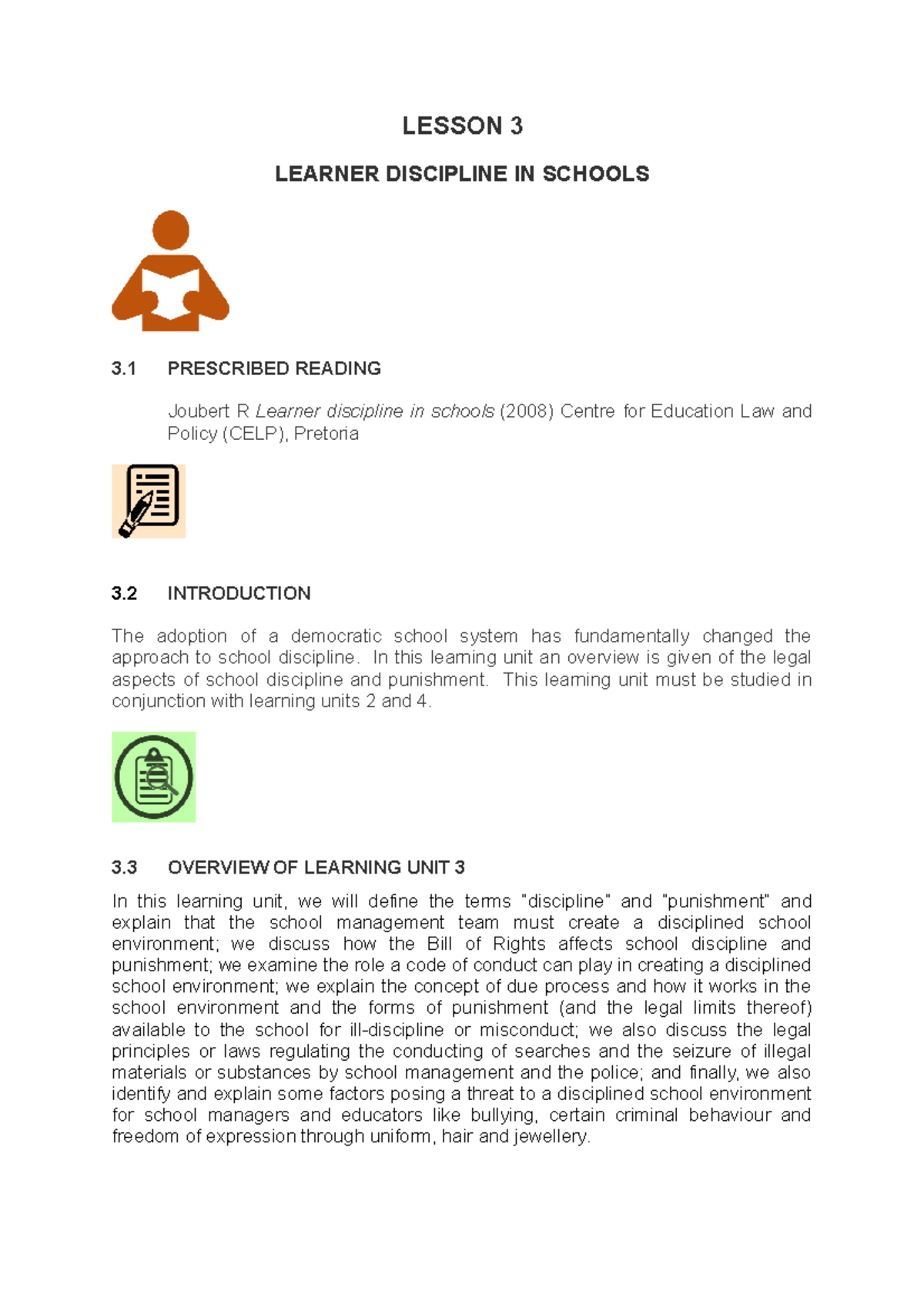Lesson 3 - LESSON 3 LEARNER DISCIPLINE IN SCHOOLS 3 PRESCRIBED READING ...