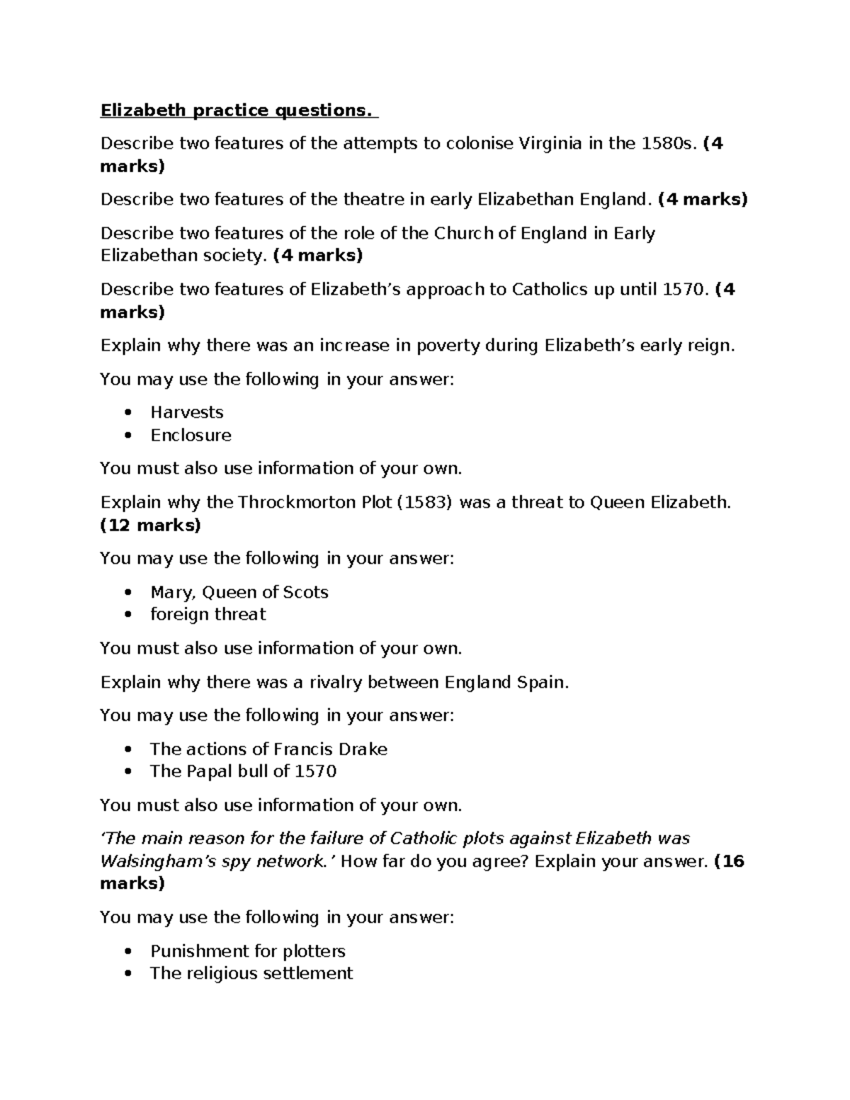 Elizabeth practice questions - Describe two features of the attempts to ...