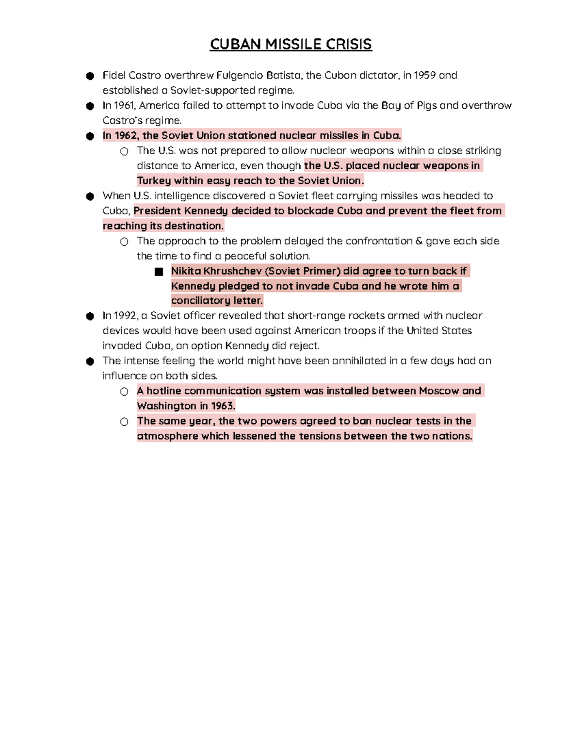 Paper 1 - CUBAN MISSILE CRISIS Fidel Castro overthrew Fulgencio Batista ...