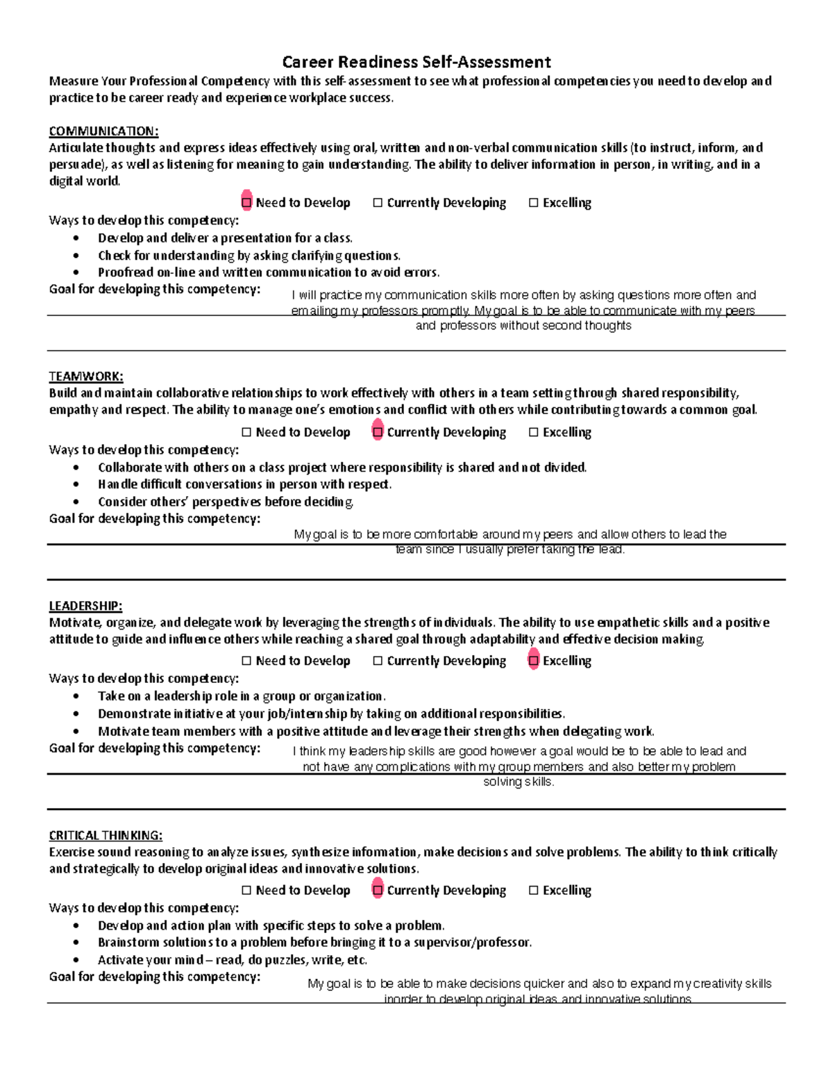 Career Readiness Self Assessment - Career Readiness Self-Assessment ...