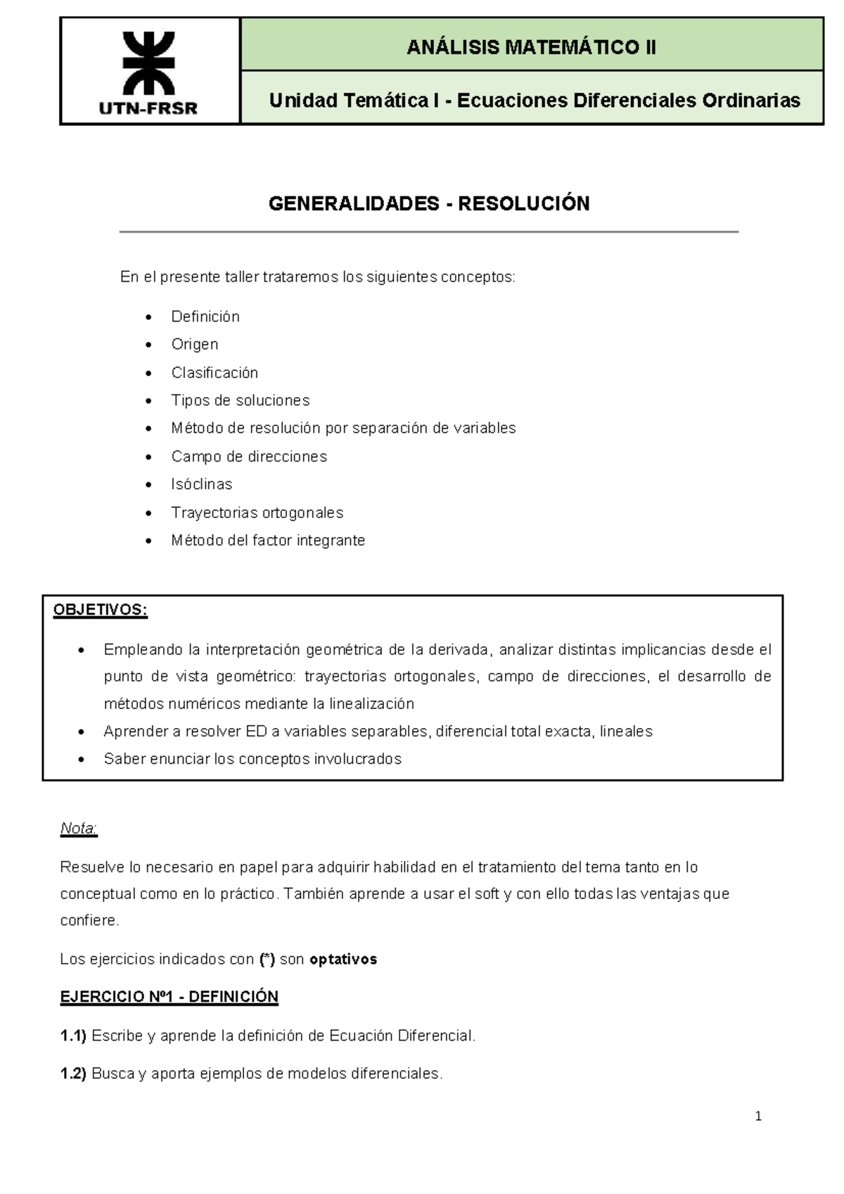 AMII - Taller 1A - EDO Generalidades - GENERALIDADES - RESOLUCIÓN En el presente taller ...