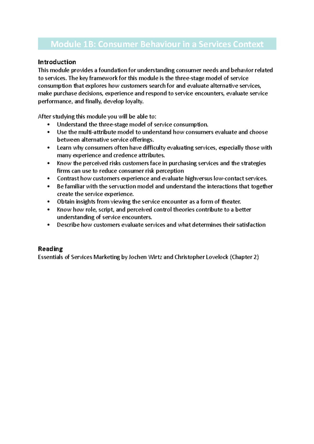 Module 1B- Consumer Behaviour in a Services Context - Module 1B: Consumer Behaviour in a ...