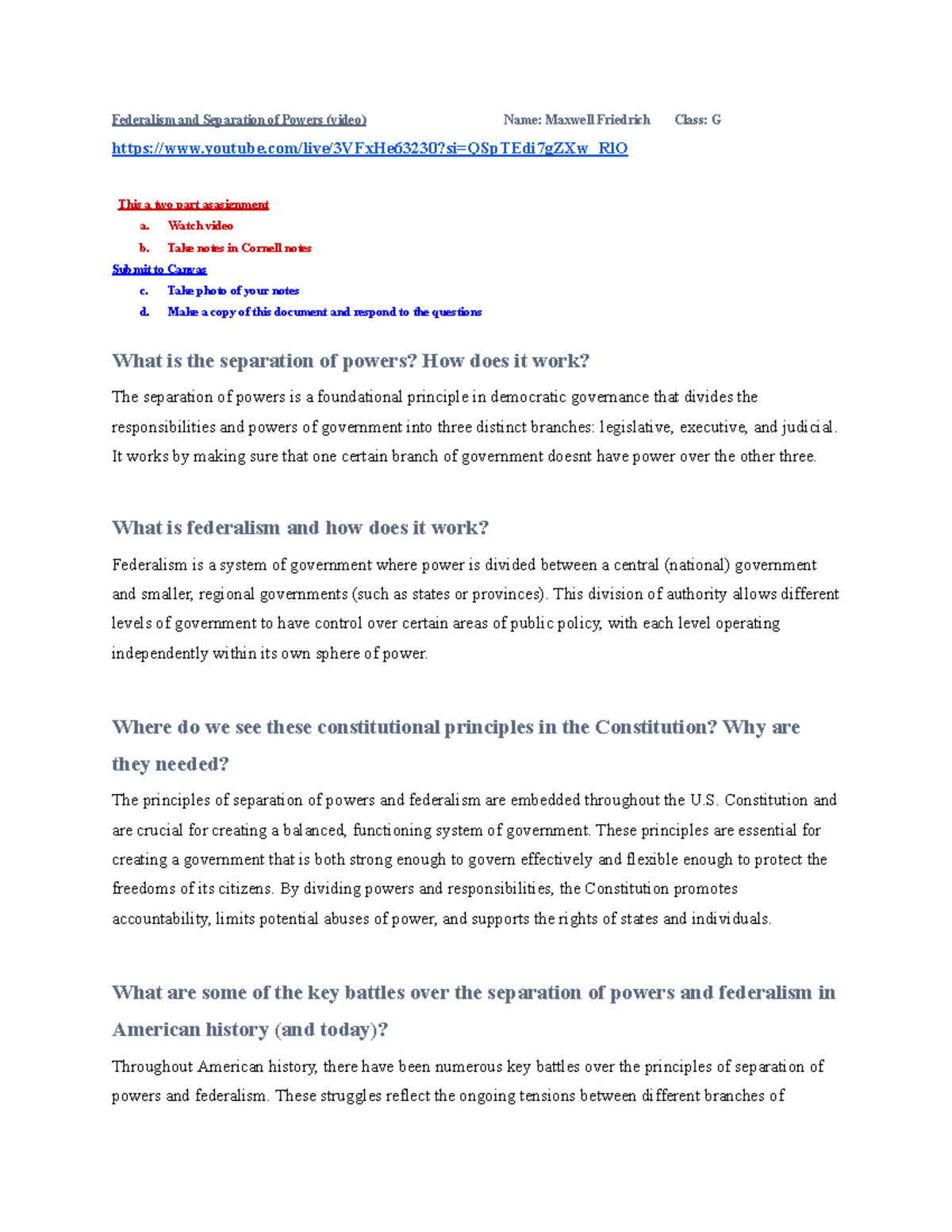 Copy of Federalism and Separation of Power - Google Docs - Federalism ...