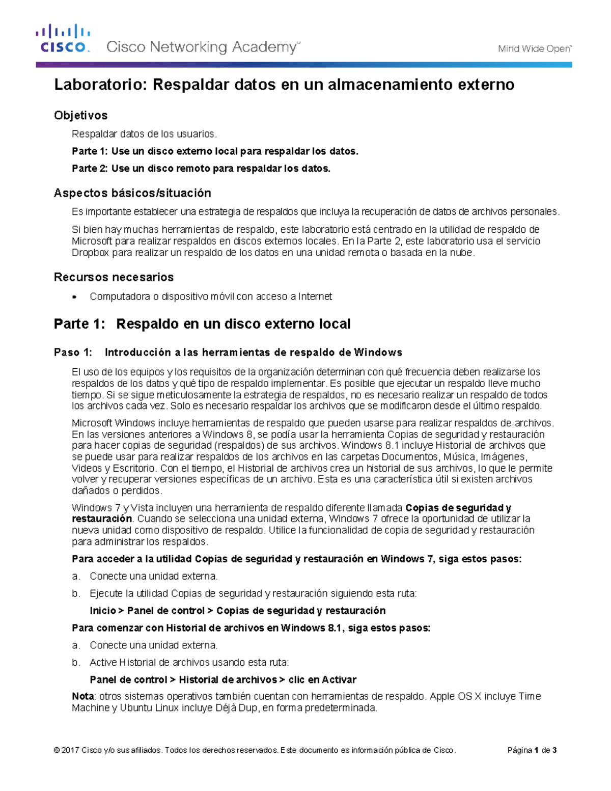 Desarrollo de practica 3.1.2.3 Lab - Backup Data to External Storage - © 2017 Cisco y/o sus ...