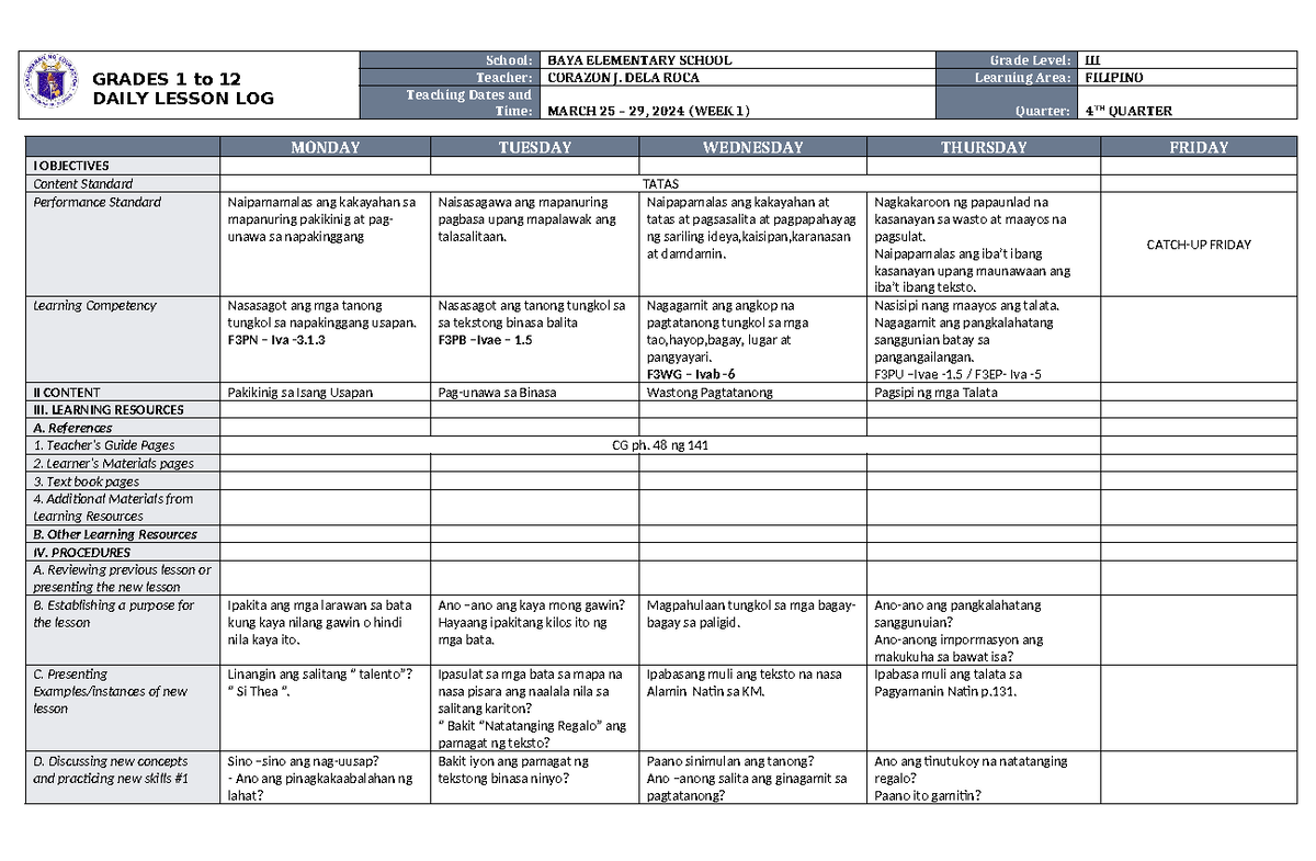 DLL Filipino 3 Q4 W1 - GRADES 1 to 12 DAILY LESSON LOG School: BAYA ...