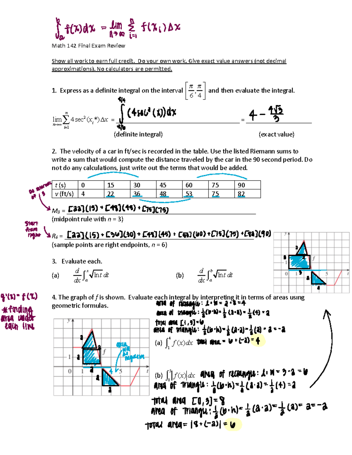Final Exam Review - Math 142 Final Exam Review Show all work to earn ...