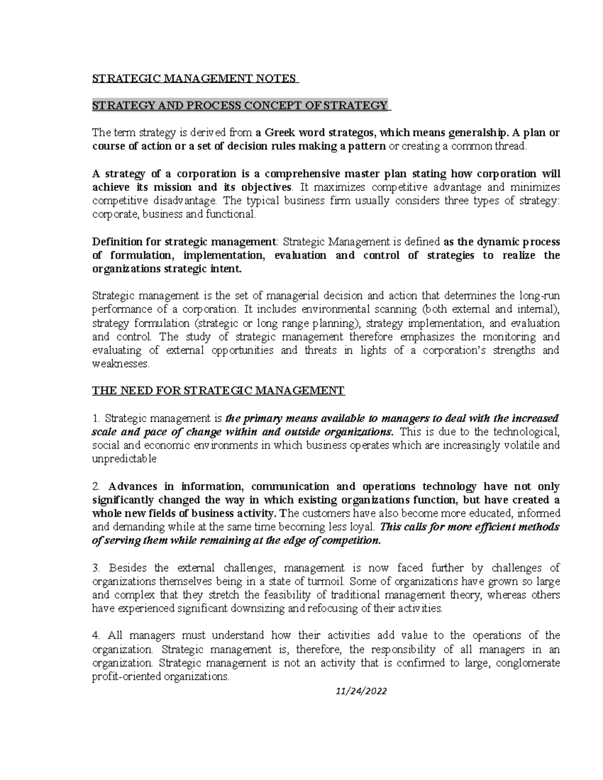 Strategic Management Notes - STRATEGIC MANAGEMENT NOTES STRATEGY AND ...